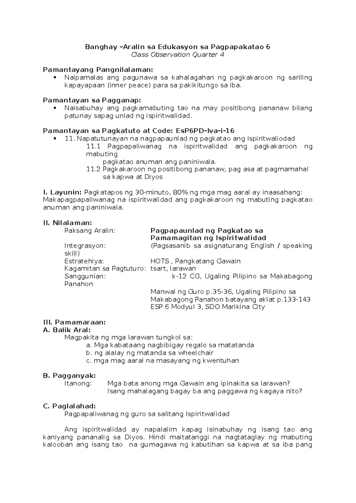 Banghay Aralin sa ESP 6: Pagpapahalaga sa Ispiritwalidad at Kapayapaan ...