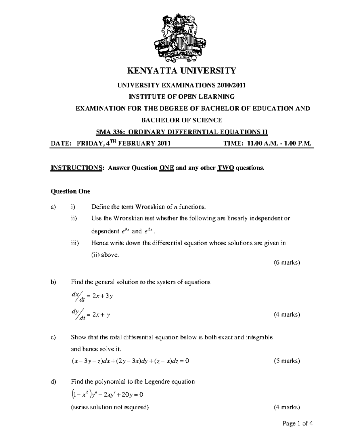 SMA 336: Past Exam Paper on Ordinary Differential Equations II - Studocu