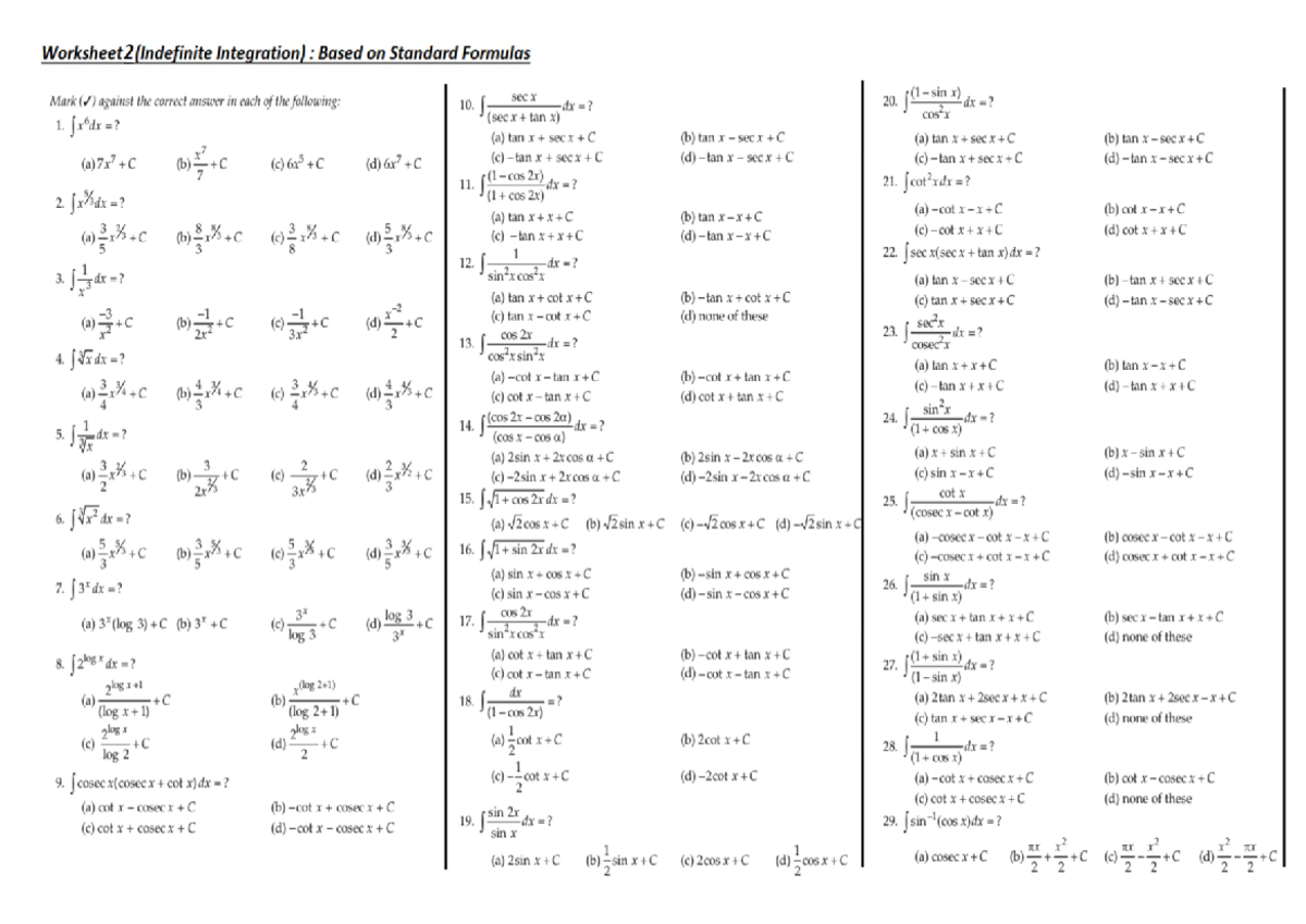 Worksheet 2: Indefinite Integration Exercises and Solutions - Studocu