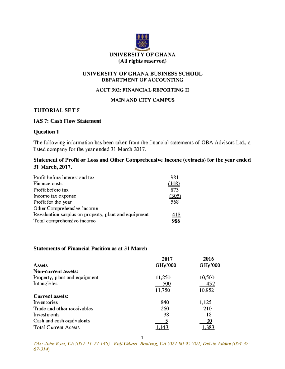 ACCT 302 Tutorial Set 5: Cash Flow Statement Solutions Analysis - Studocu