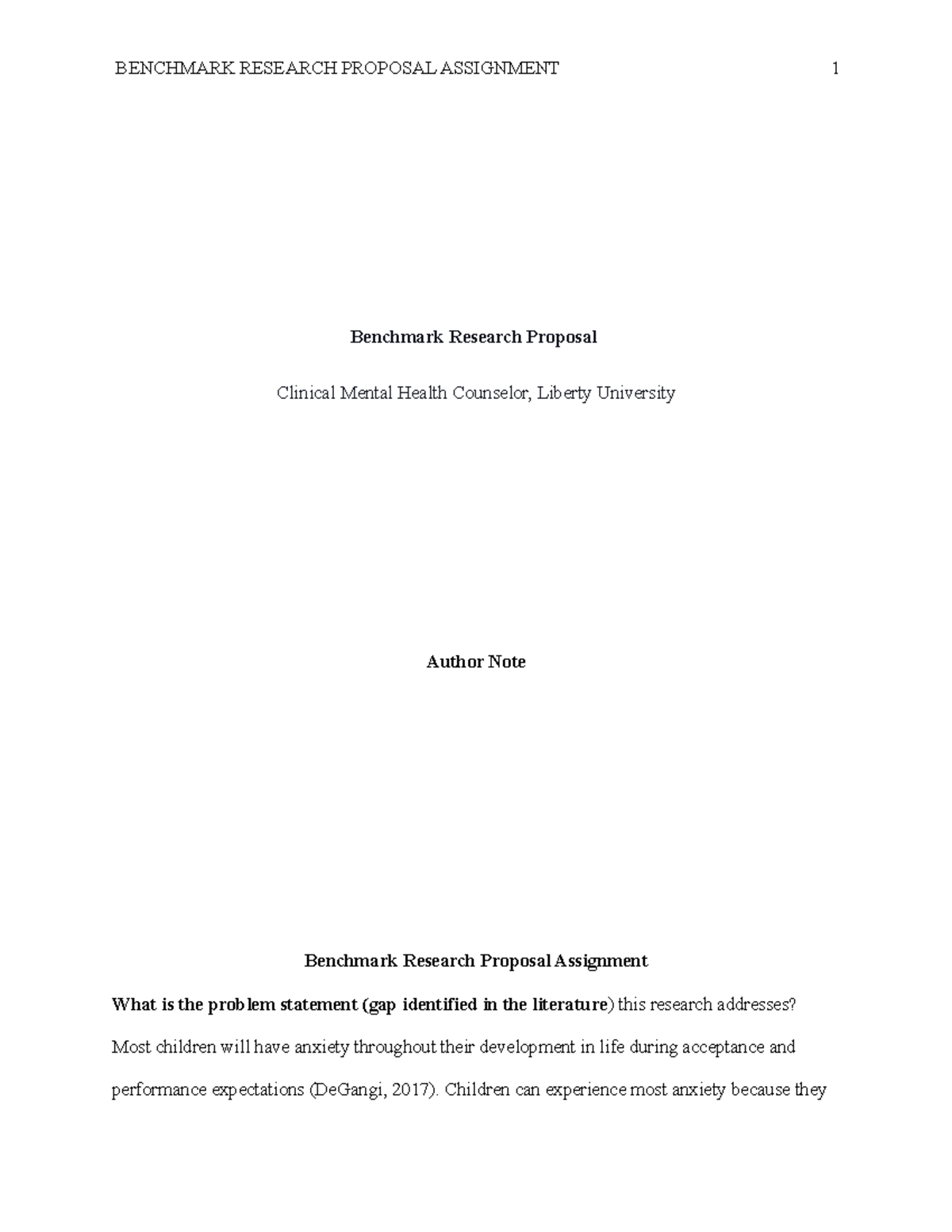 Benchmark Research Proposal: Addressing Anxiety in Children - Studocu