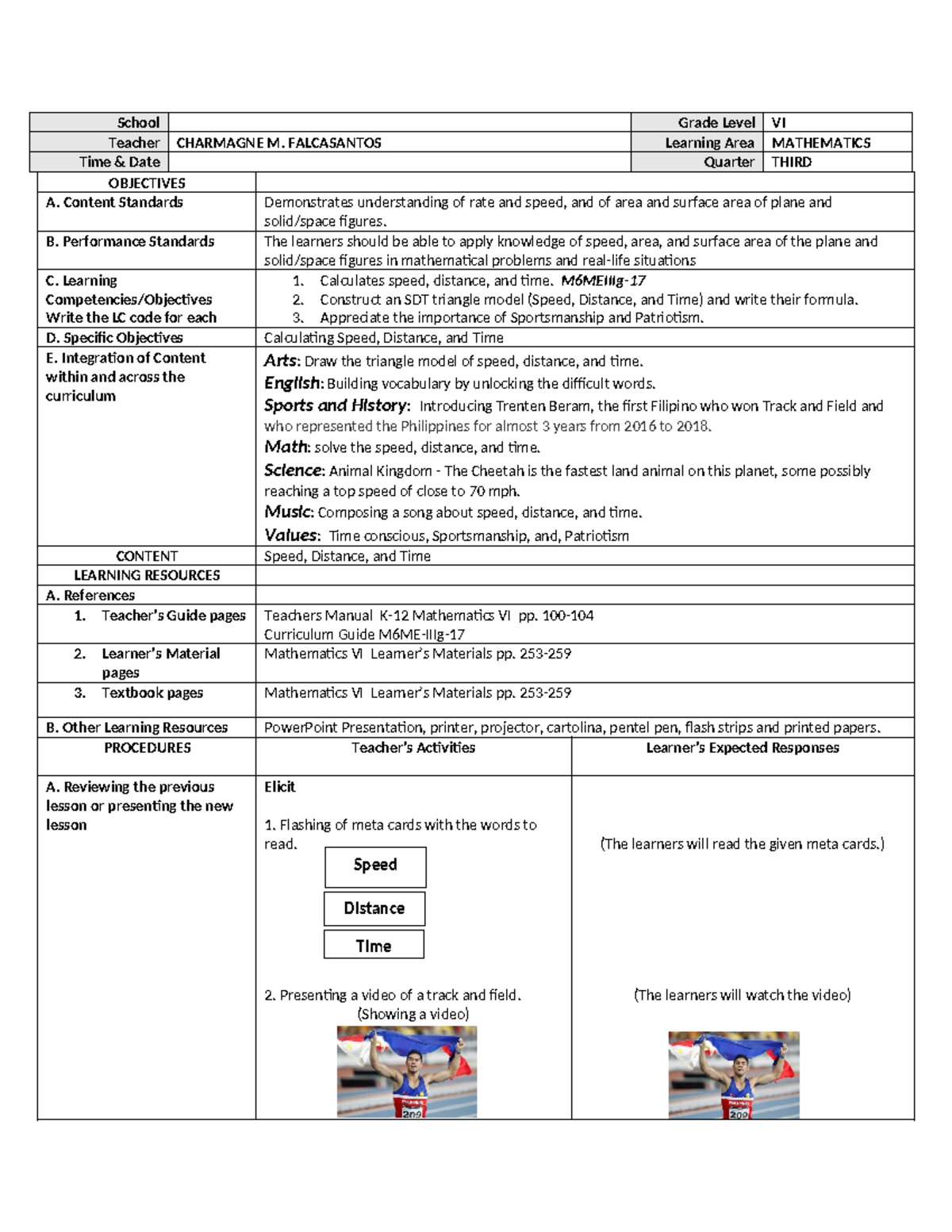 DLP-Math 6 Q3: Speed, Distance, and Time Concepts and Applications - Studocu