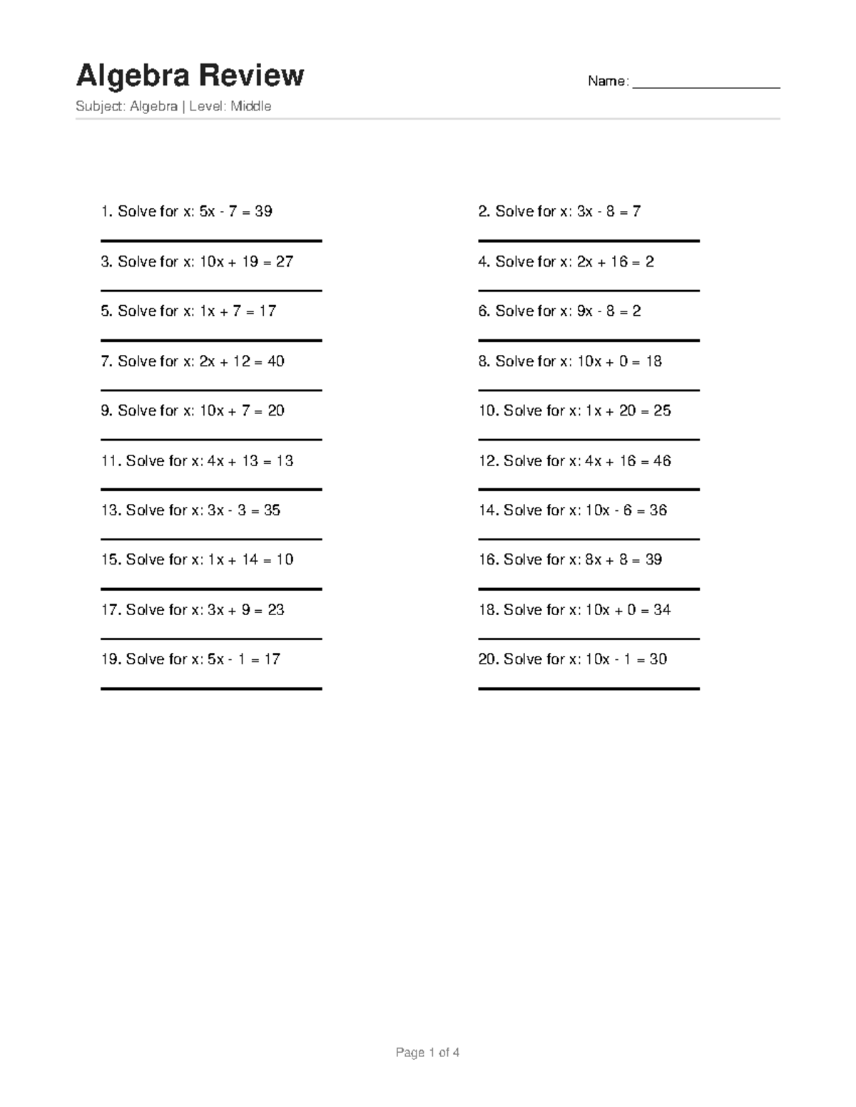 Algebra Review 8: Middle Level Problem Solving and Solutions - Studocu