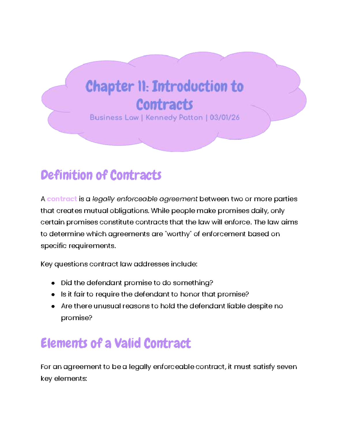 Chapter 11: Introduction to Contracts and Their Legal Elements - Studocu