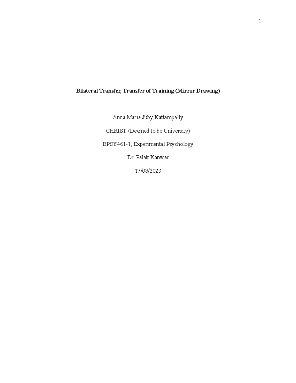 Bilateral Transfer experiment - Bilateral Transfer, Transfer of ...