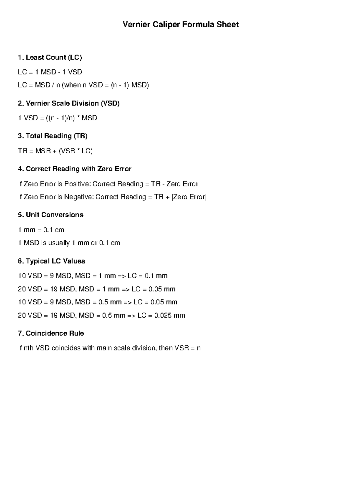 Vernier Caliper Formula Sheet: Key Concepts & Calculations - Studocu