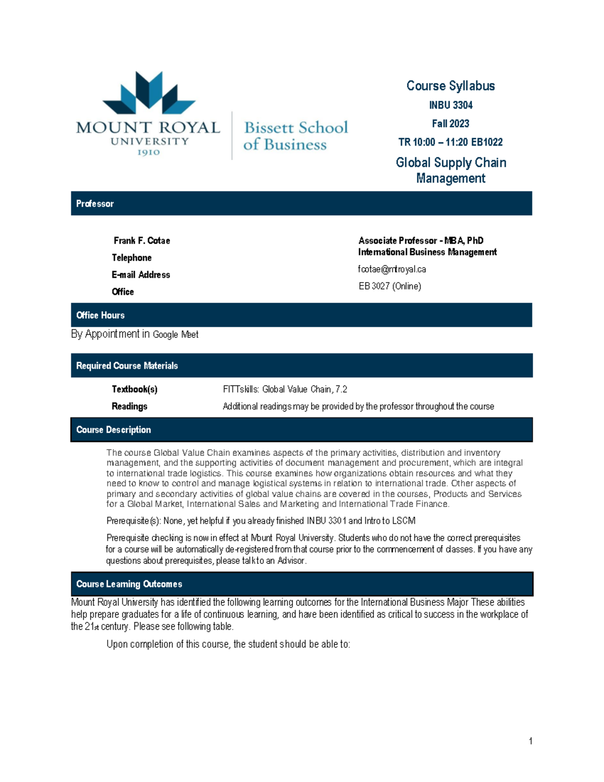 Outline INBU 3304 - Course Syllabus INBU 3304 Fall 2023 TR 10 :00 – 11 ...