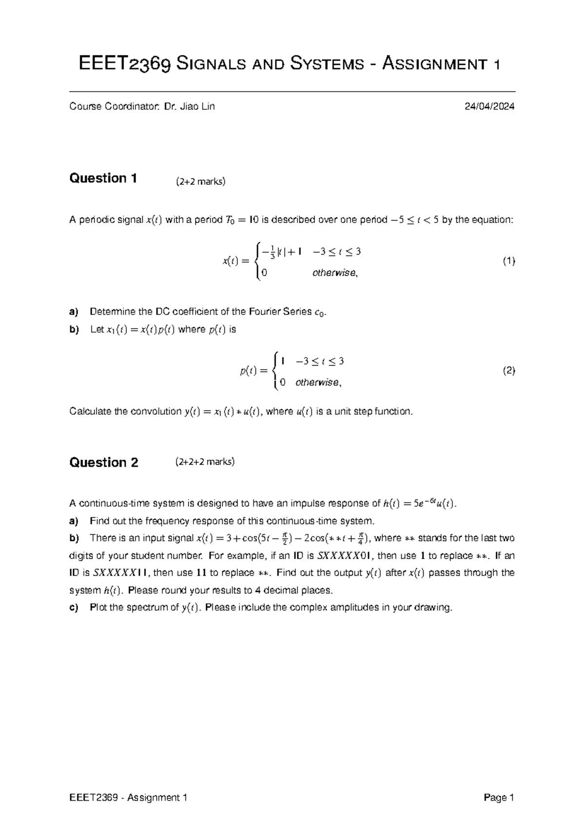 EEET2369 Signals and Systems - Assignment 1 (Fourier Analysis, Convolution) - Studocu