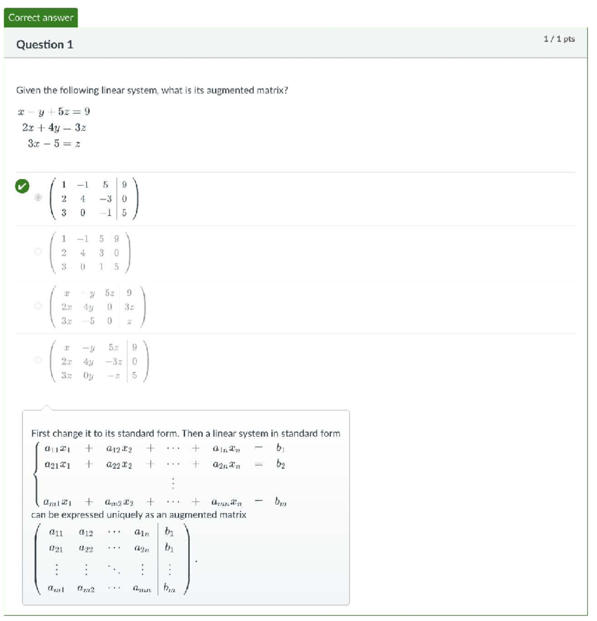 Quiz 1.2 Attempt 2 - Augmented Matrices & Linear Systems - Studocu
