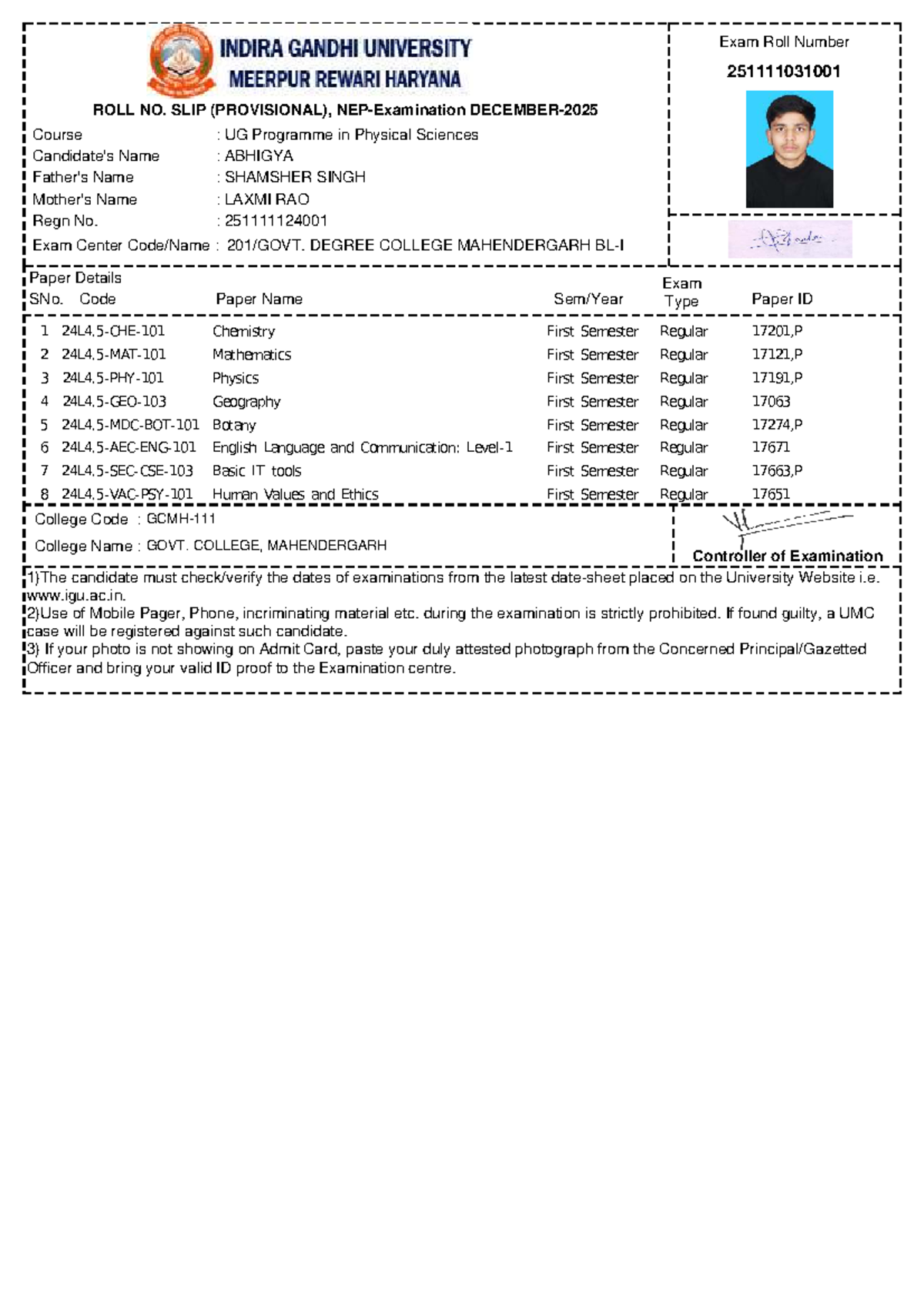 UG Physical Sciences 1st Sem Exam Roll Number Slip (Provisional) - Studocu