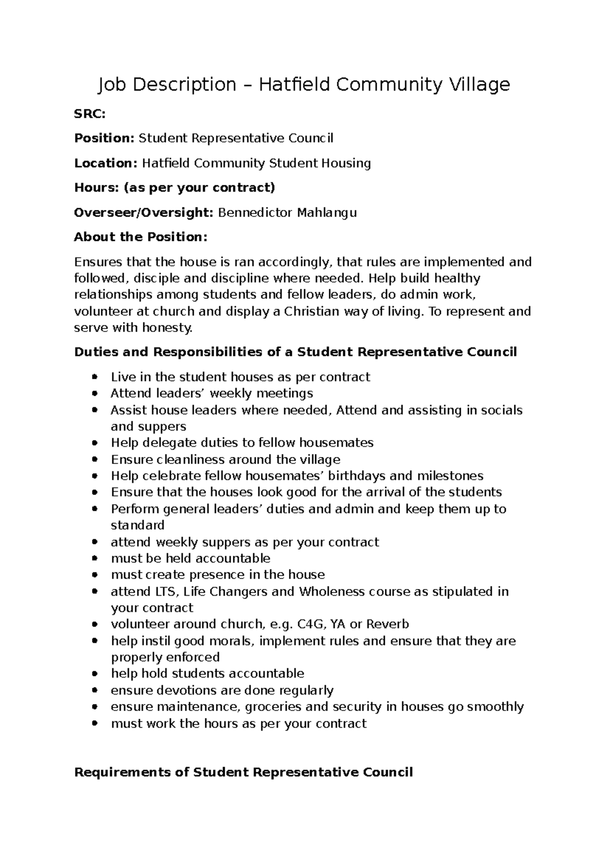 Job Description: Student Representative Council (SRC) at Hatfield - Studocu