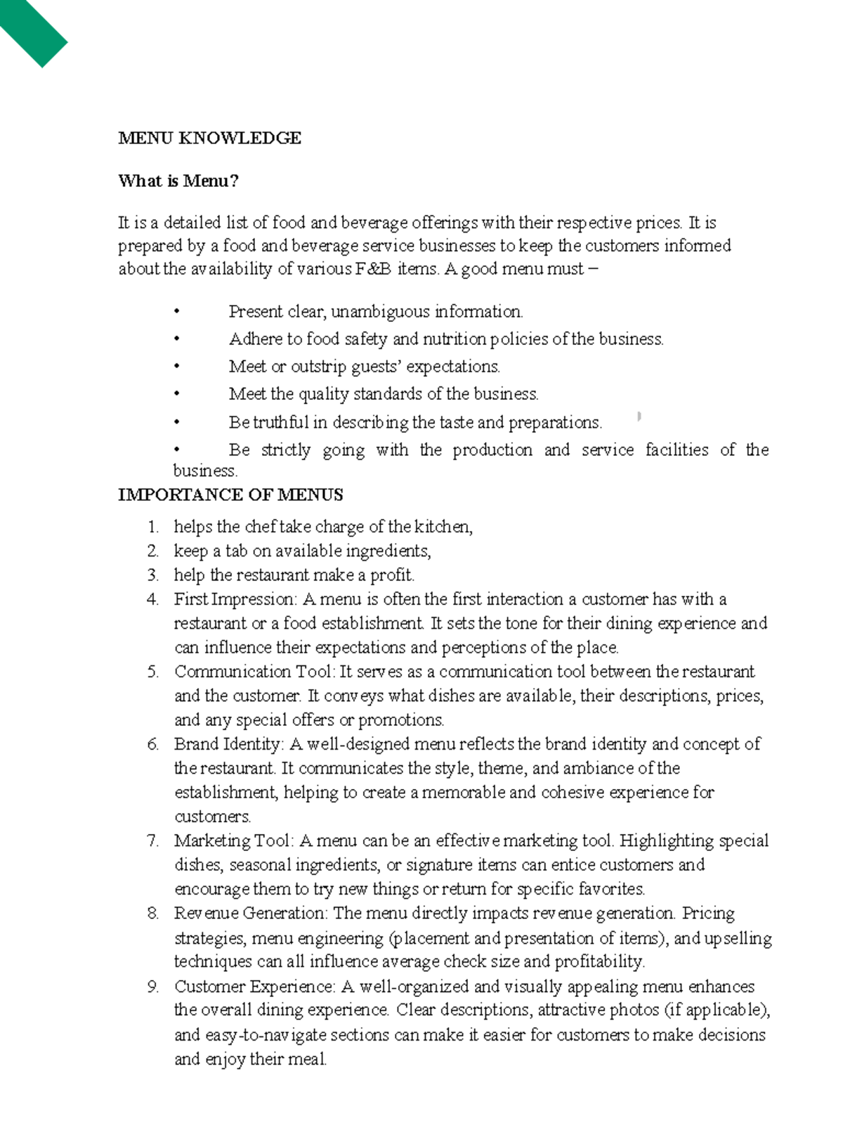 MENU Knowledge on Food and Beverage Offerings and Service Procedures ...