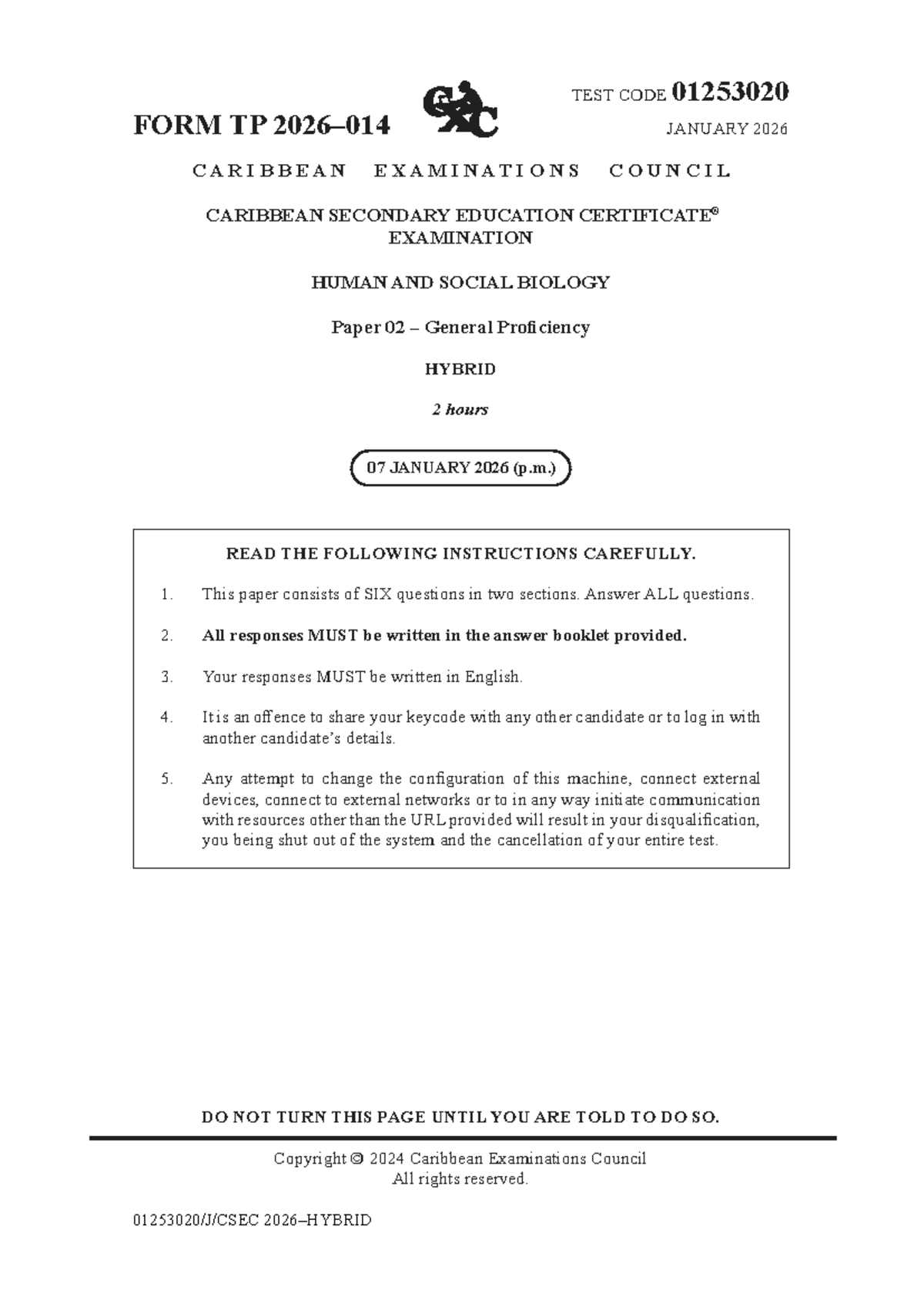 Human and Social Biology Paper 02 - CSEC 01253020 Final Exam January ...