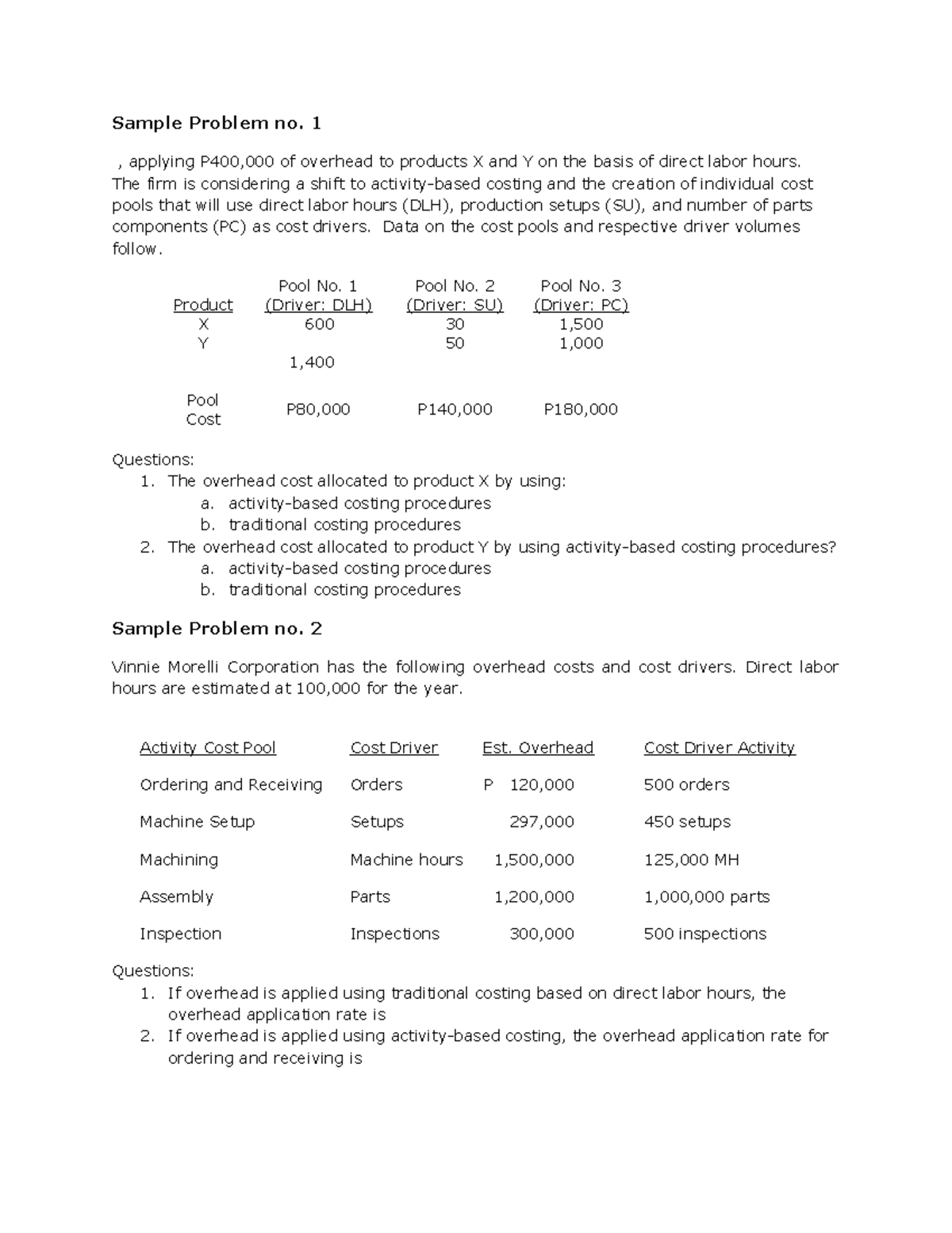 ABC Costing Sample Problems: Overhead Allocation Analysis - Studocu