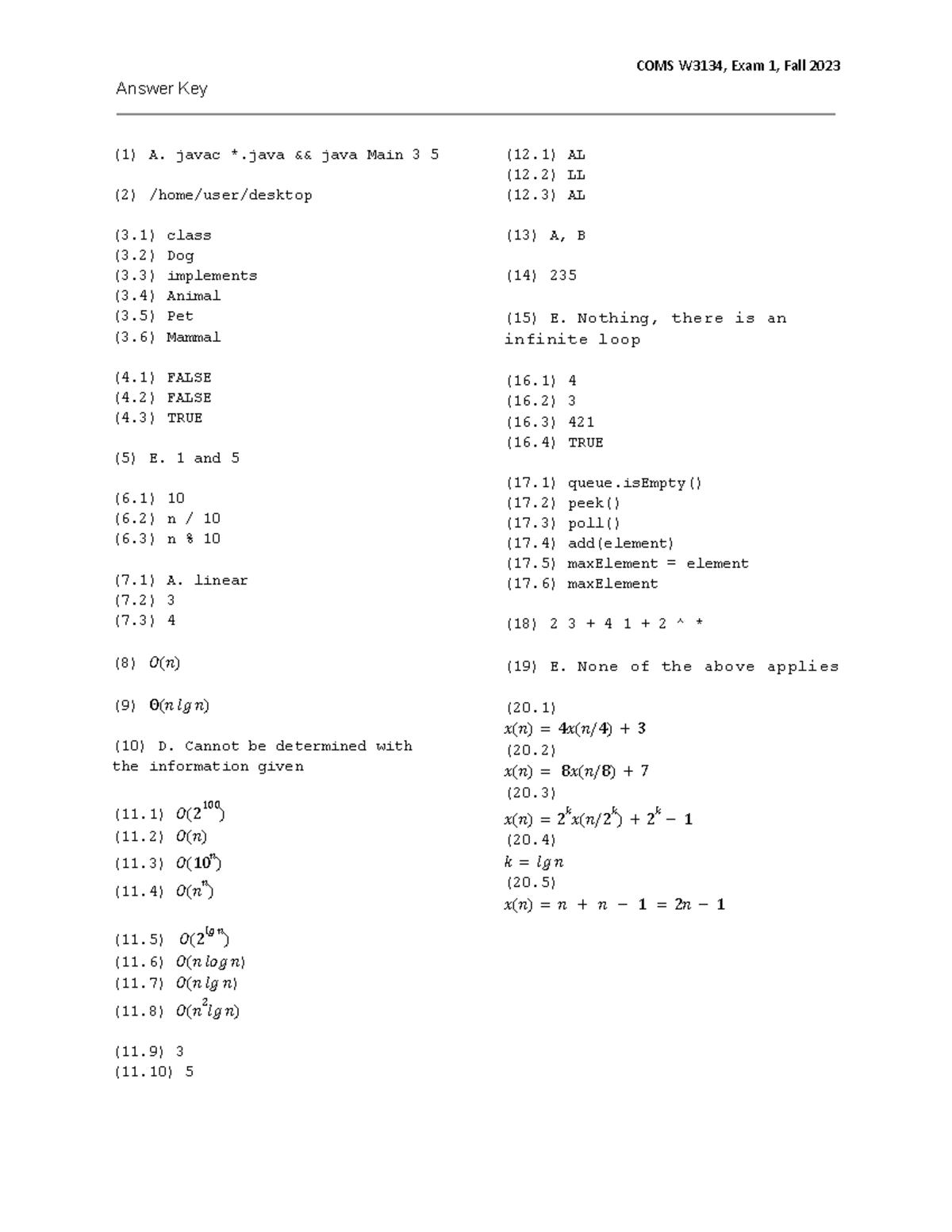 COMS W3134 - Fall 2023 - Midterm 1 - Answer Key and Solutions - Studocu
