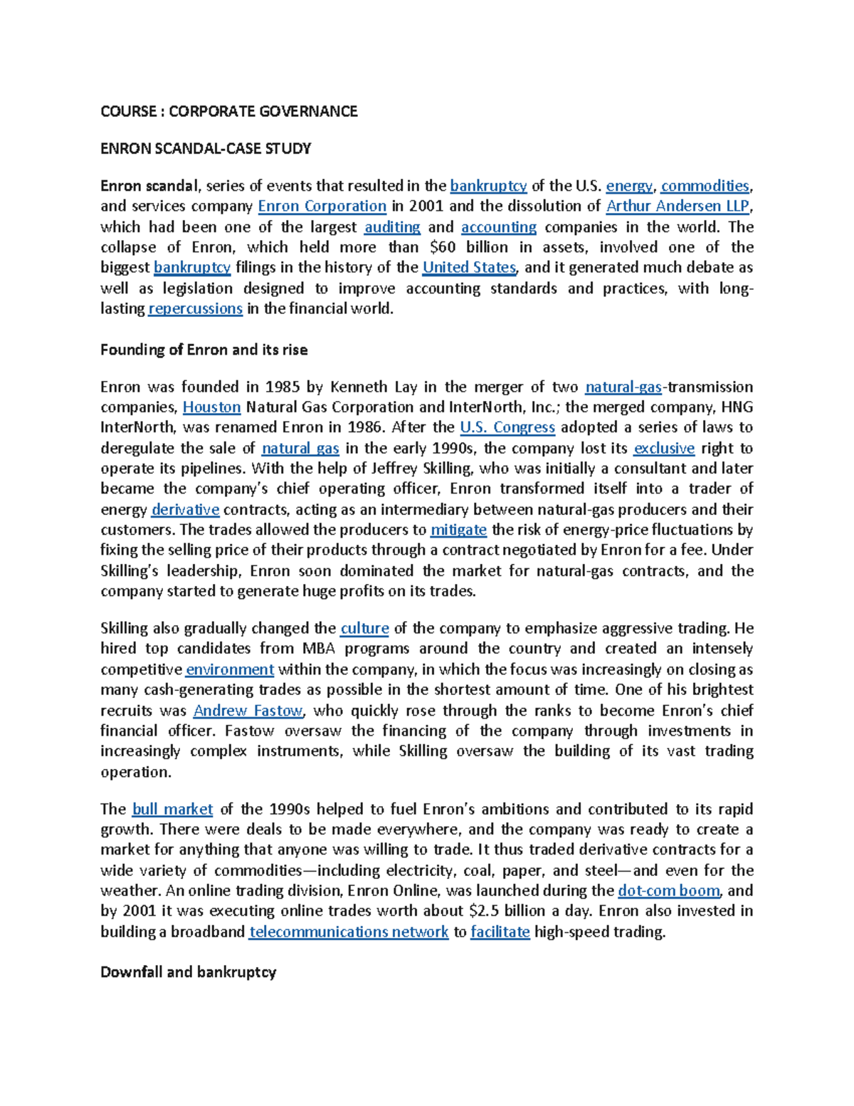 Corporate Governance Case Study: The Enron Scandal Analysis - Studocu