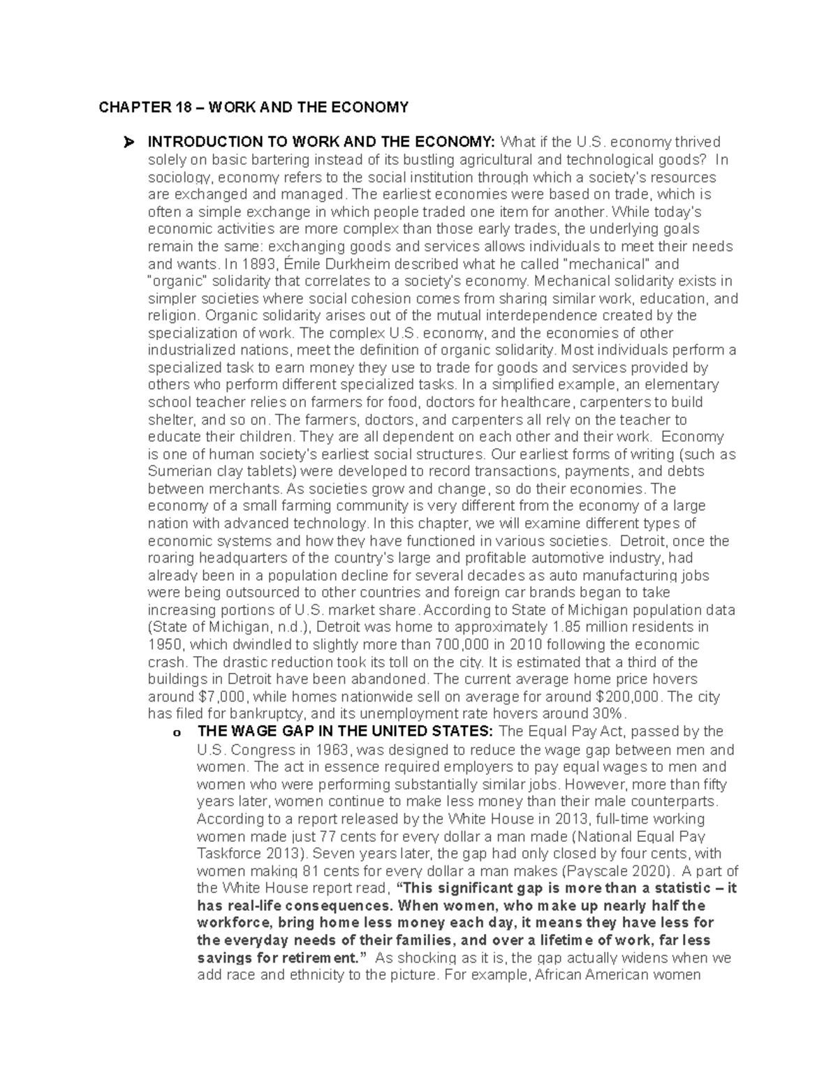 Chapter 18 Socio Notes - CHAPTER 18 – WORK AND THE ECONOMY INTRODUCTION ...