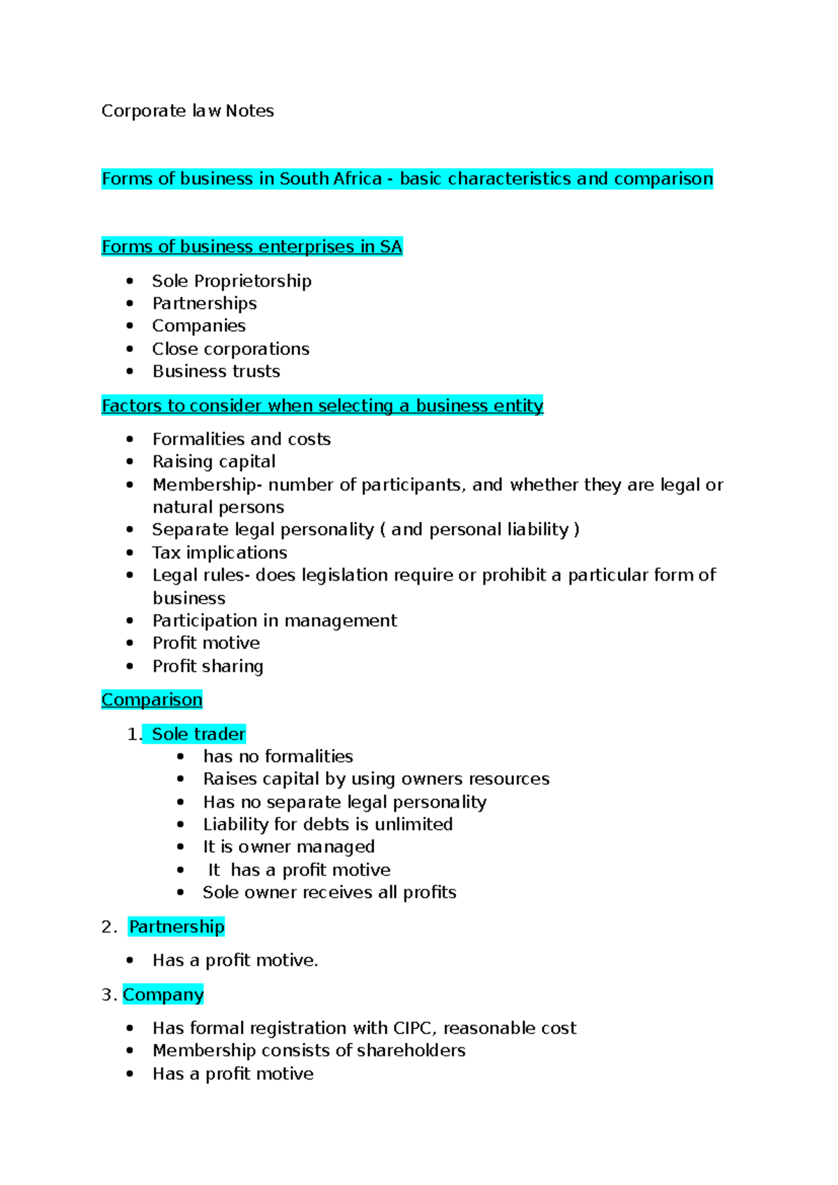 Corporate Law Notes: Forms of Business Entities & Legal Personality ...