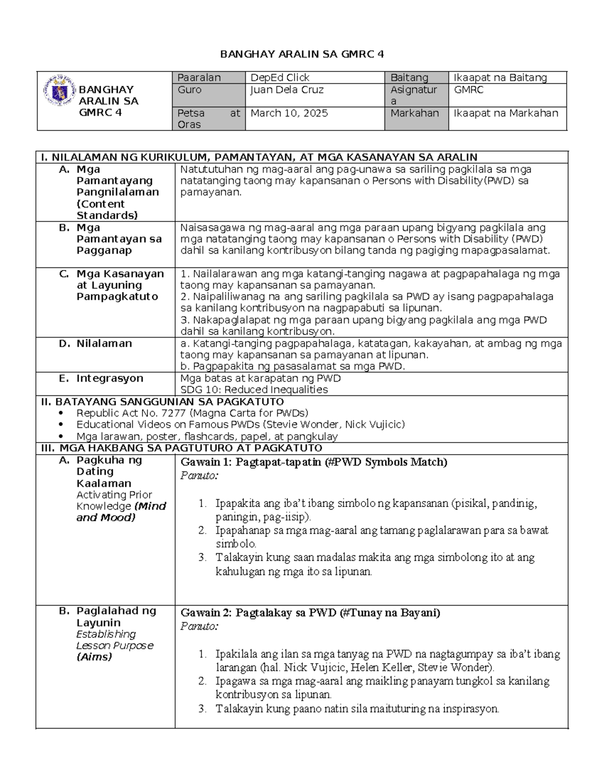 CO Q4 DLP GMRC 4 Dep Ed Click - BANGHAY ARALIN SA GMRC 4 BANGHAY ARALIN SA GMRC 4 Paaralan DepEd ...