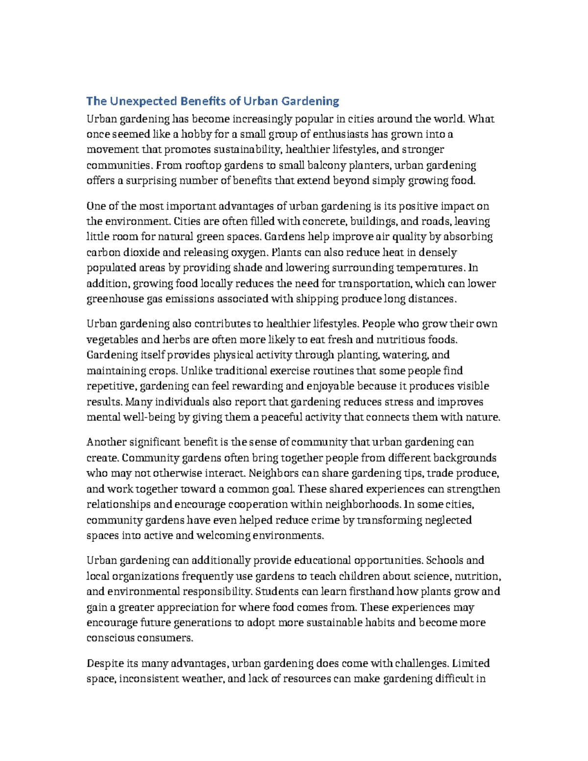 Urban Gardening: Unexpected Benefits for Sustainable Cities - Studocu