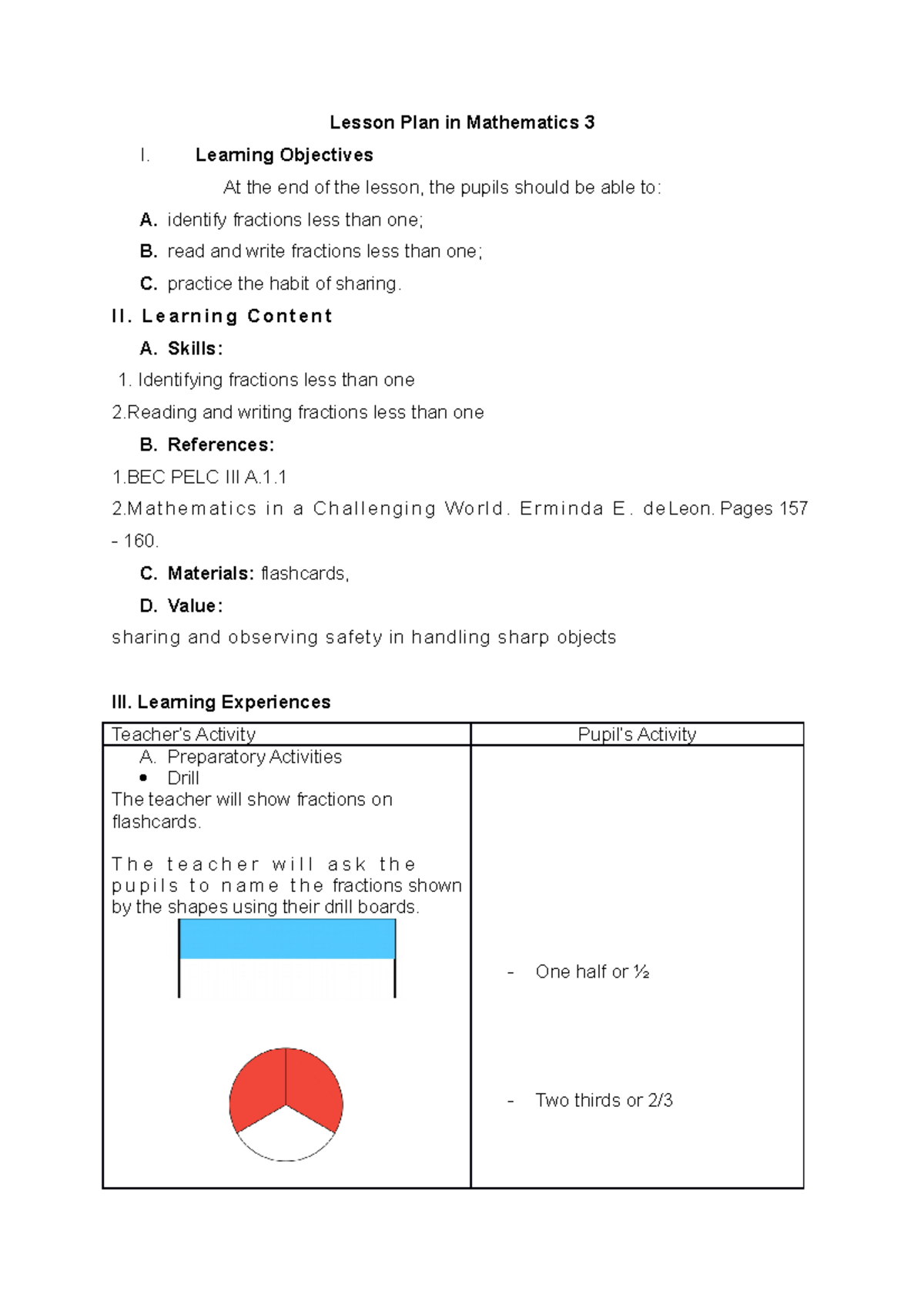 Mathematics 3 Lesson Plan: Understanding Fractions Less Than One - Studocu