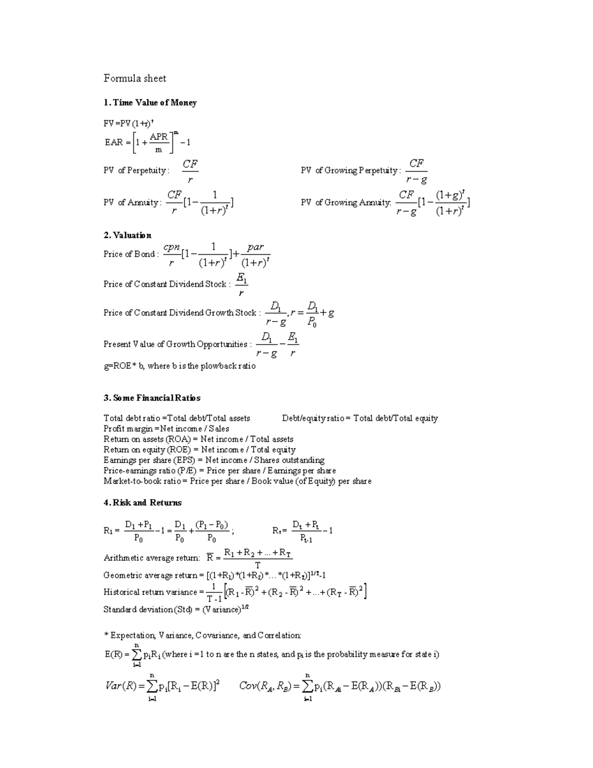 FNCE101 Final Exam Formula Sheet for Time Value of Money & Valuation ...