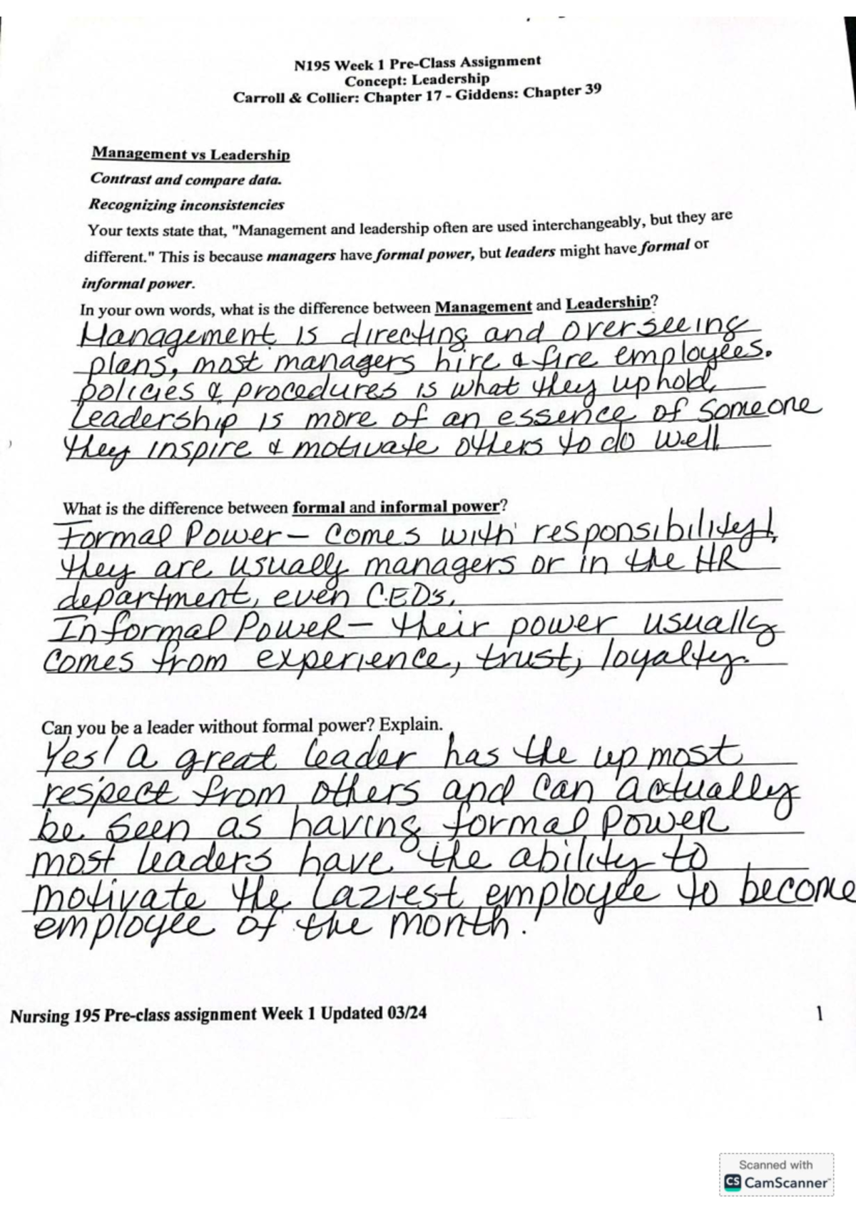 N195 Week 1 Assignment: Leadership vs Management Analysis - Studocu