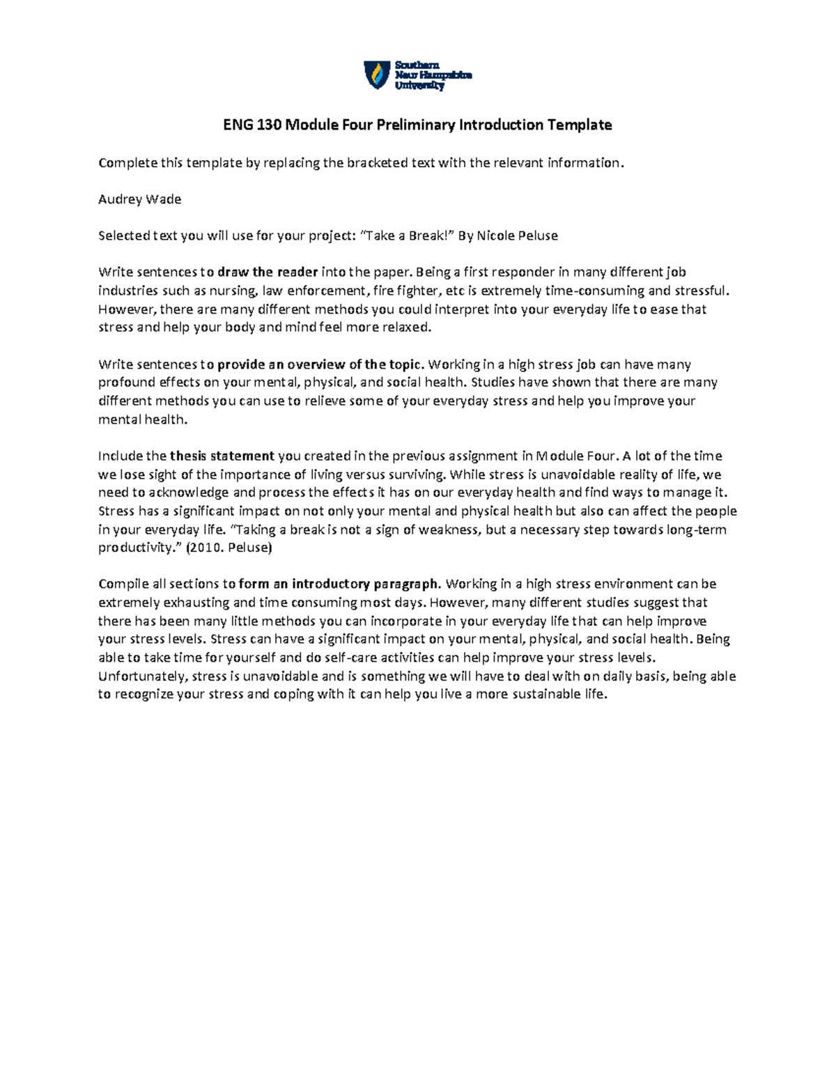ENG 130 Module Four Introductory Paragraph on Stress Management - Studocu