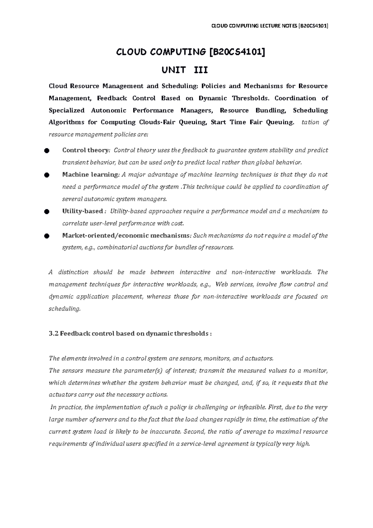 Unit 3 Cloud Computing R20 Cloud Computing [b20cs4101] Unit Iii Cloud Resource Management And