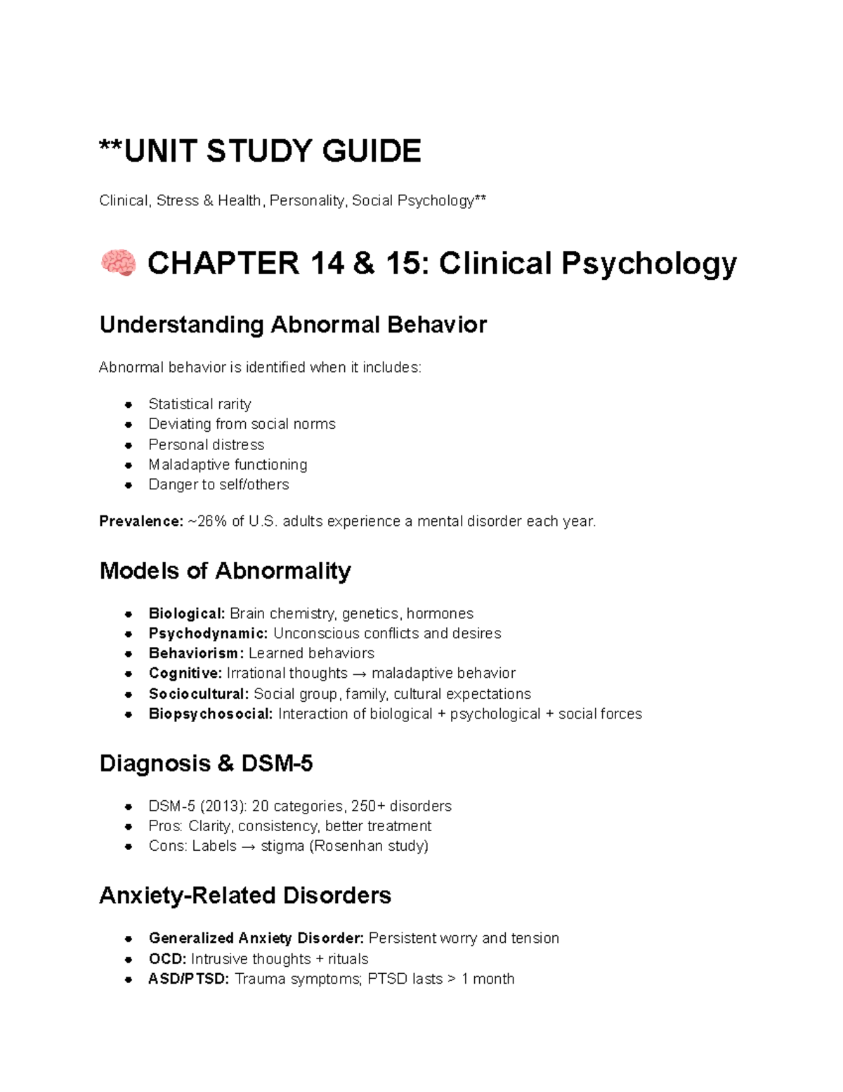 Study Guide: Clinical, Stress & Health Psychology - Studocu