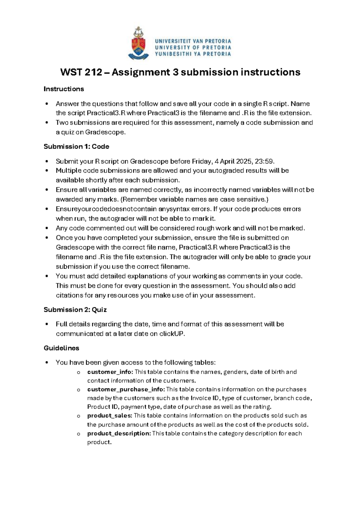 WST 212 Assignment 3: Submission Instructions & Guidelines - Studocu