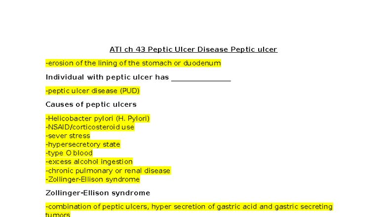 ATI Ch 43: Comprehensive Overview of Peptic Ulcer Disease - Studocu
