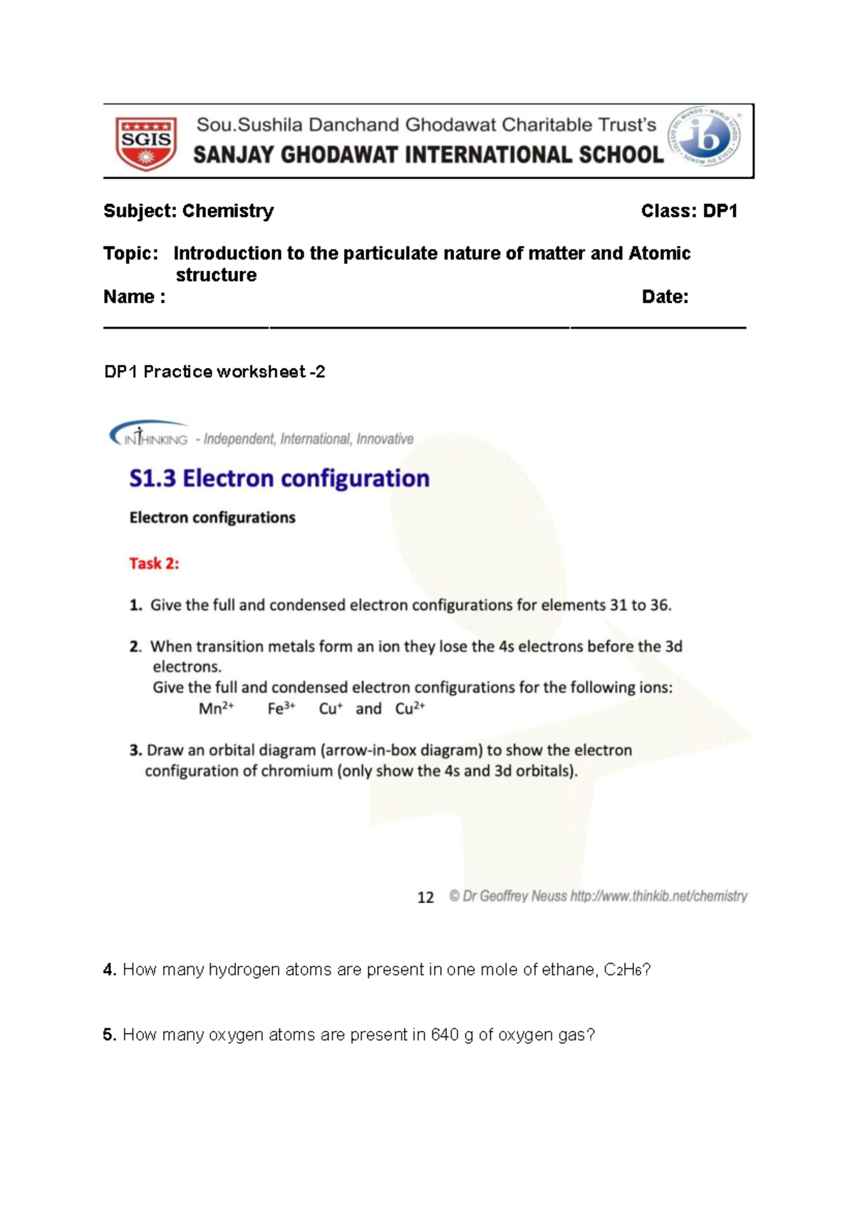 DP1 Chemistry Practice Worksheet 2: Particulate Nature & Atoms - Studocu