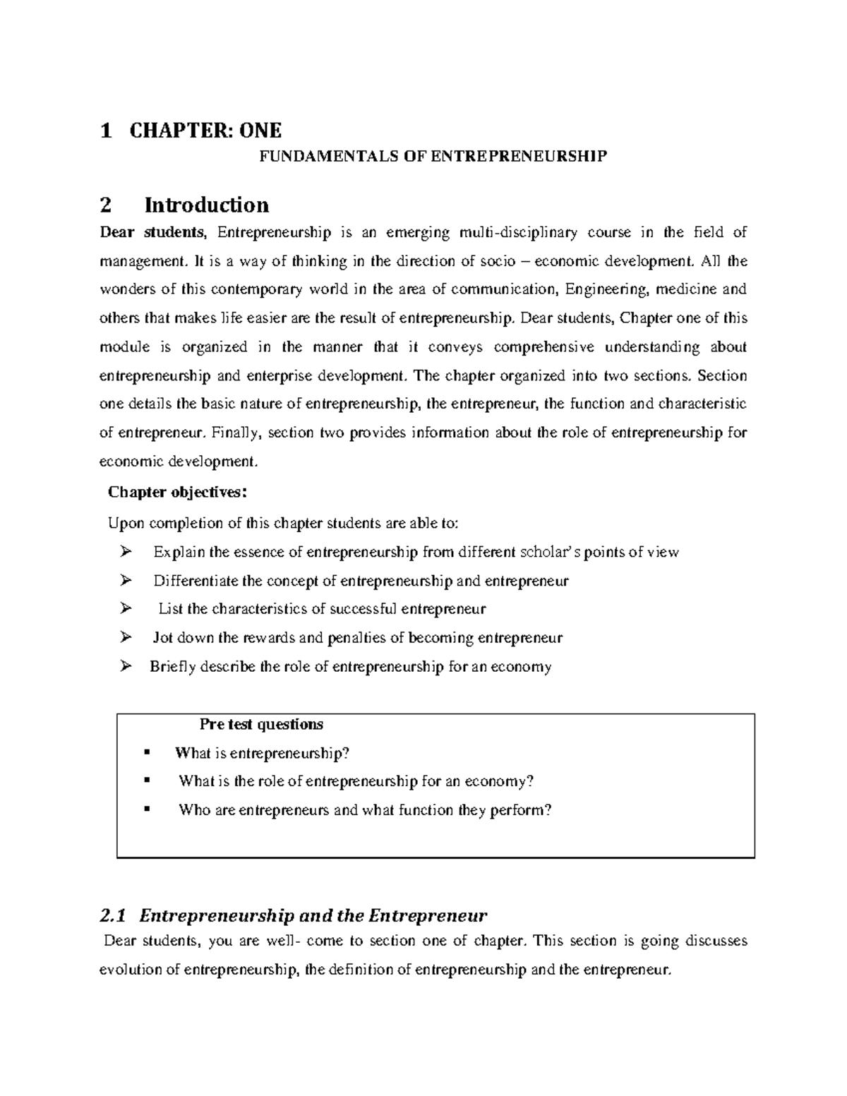 Module Enterp - fresh man course entrepreneurship - 1 CHAPTER: ONE ...