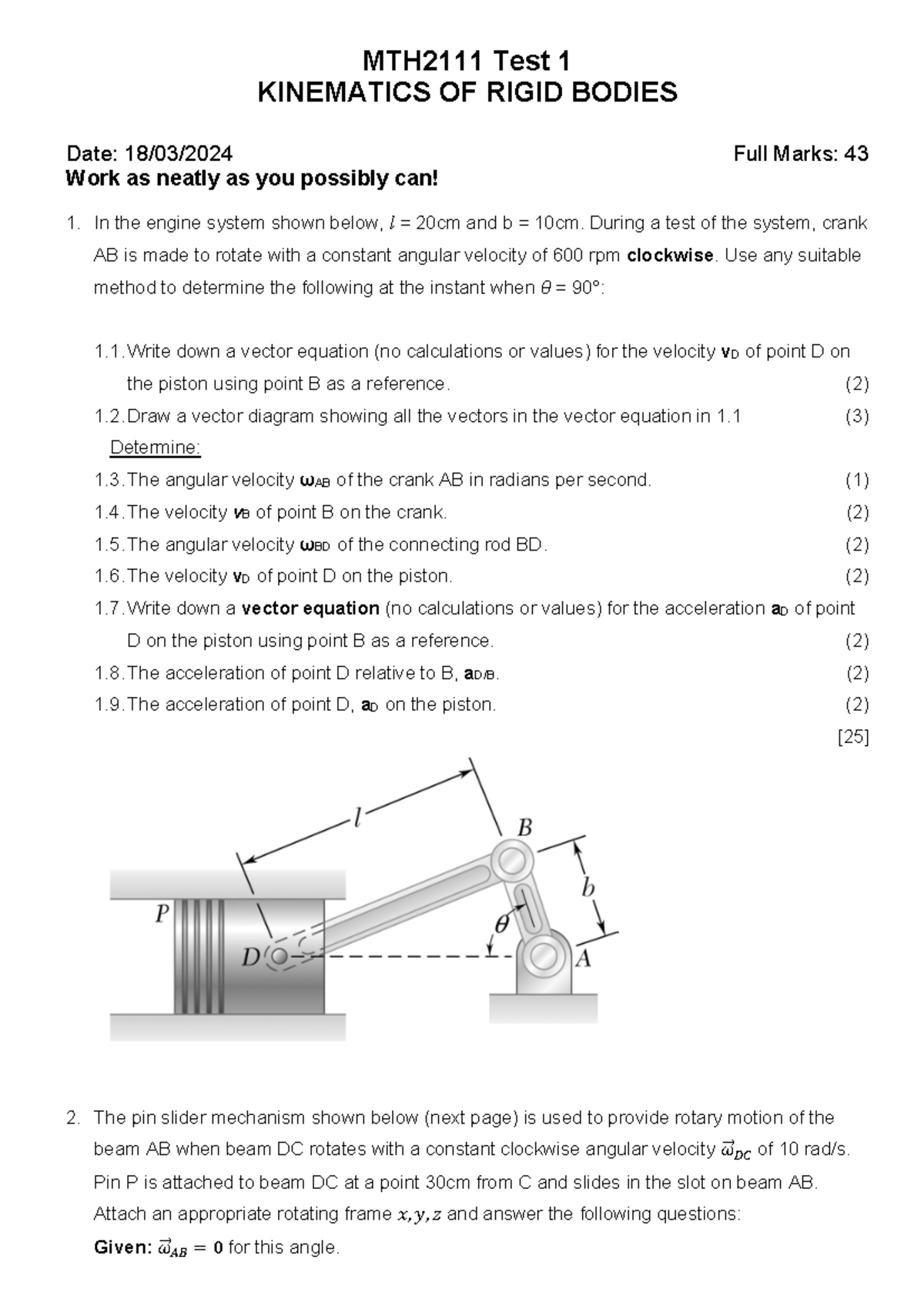 MTHV2111 Test 1 2024 - Kinematics of Rigid Bodies Examination - Studocu