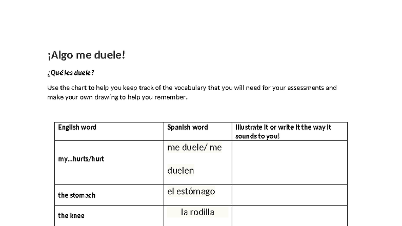 Algo me duele: Vocabulary Guide for Assessments - Studocu