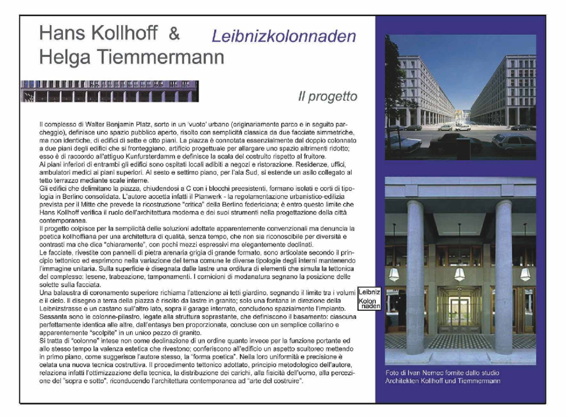 Kollhoff Leibnizkolonnaden: Progetto di Walter Benjamin Platz - Studocu