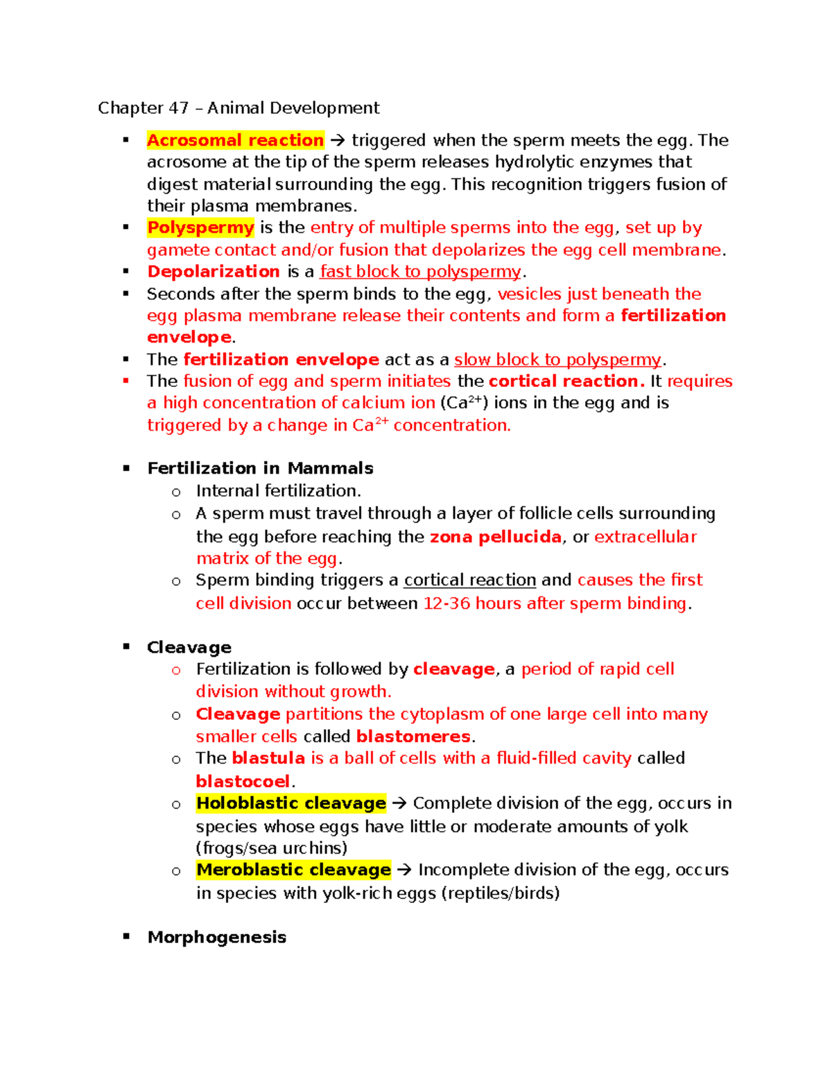 Chapter 47 - Animal Development: Fertilization to Organogenesis Notes ...