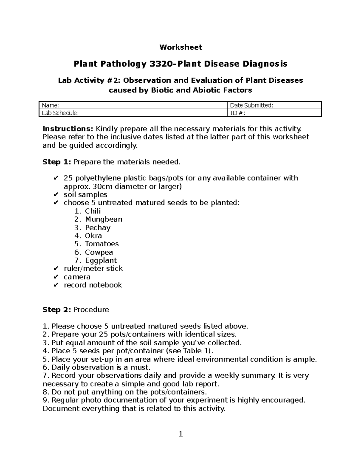 Plant Pathology 3320: Lab Activity #2 - Evaluating Plant Diseases - Studocu