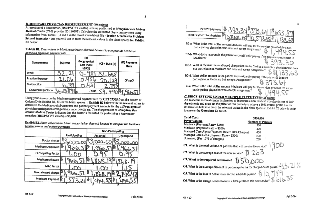 HK 417 Exam A Fall 2024: Medicare Physician Reimbursement Analysis ...