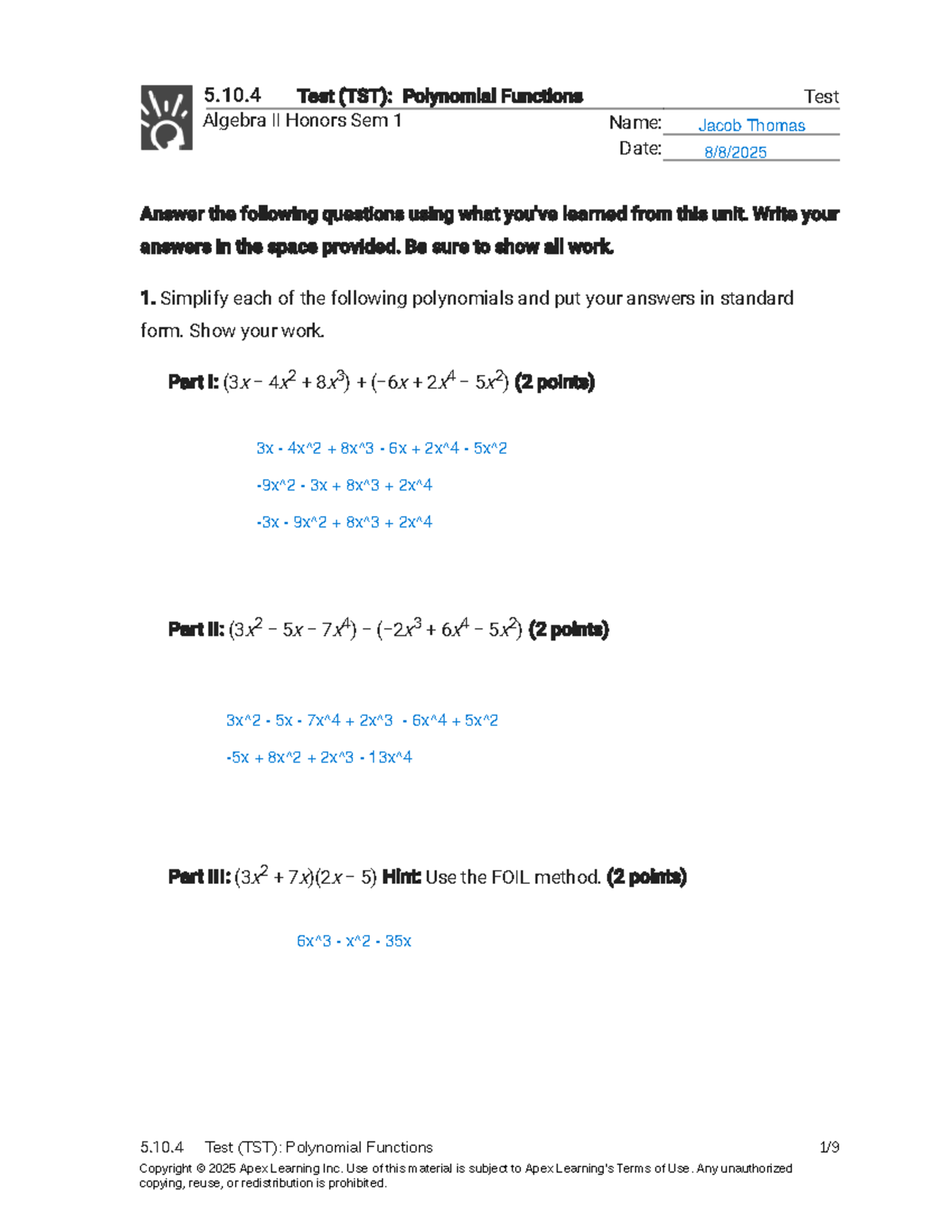 5.10.4 Test (TST): Polynomial Functions Algebra II Honors Sem 1 - Studocu