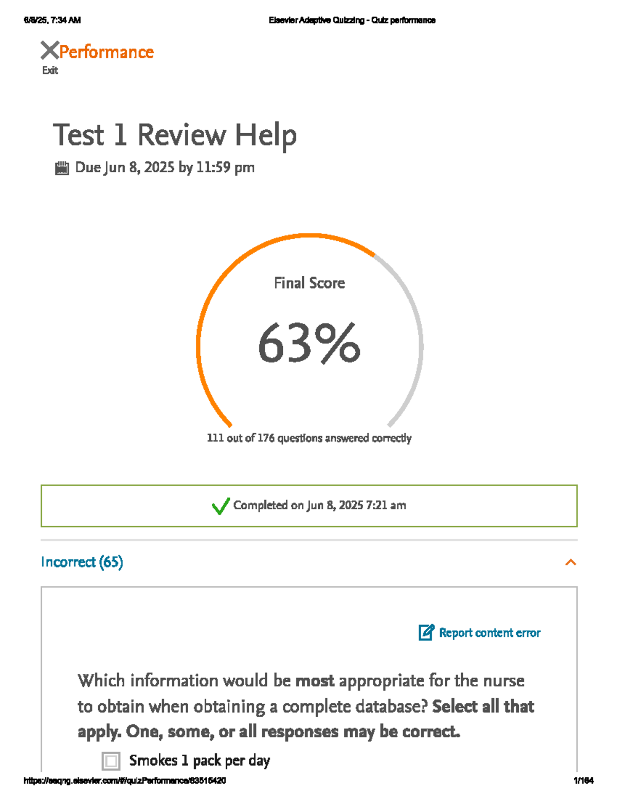 Elsevier Adaptive Quizzing - Quiz Performance Review & Analysis - Studocu