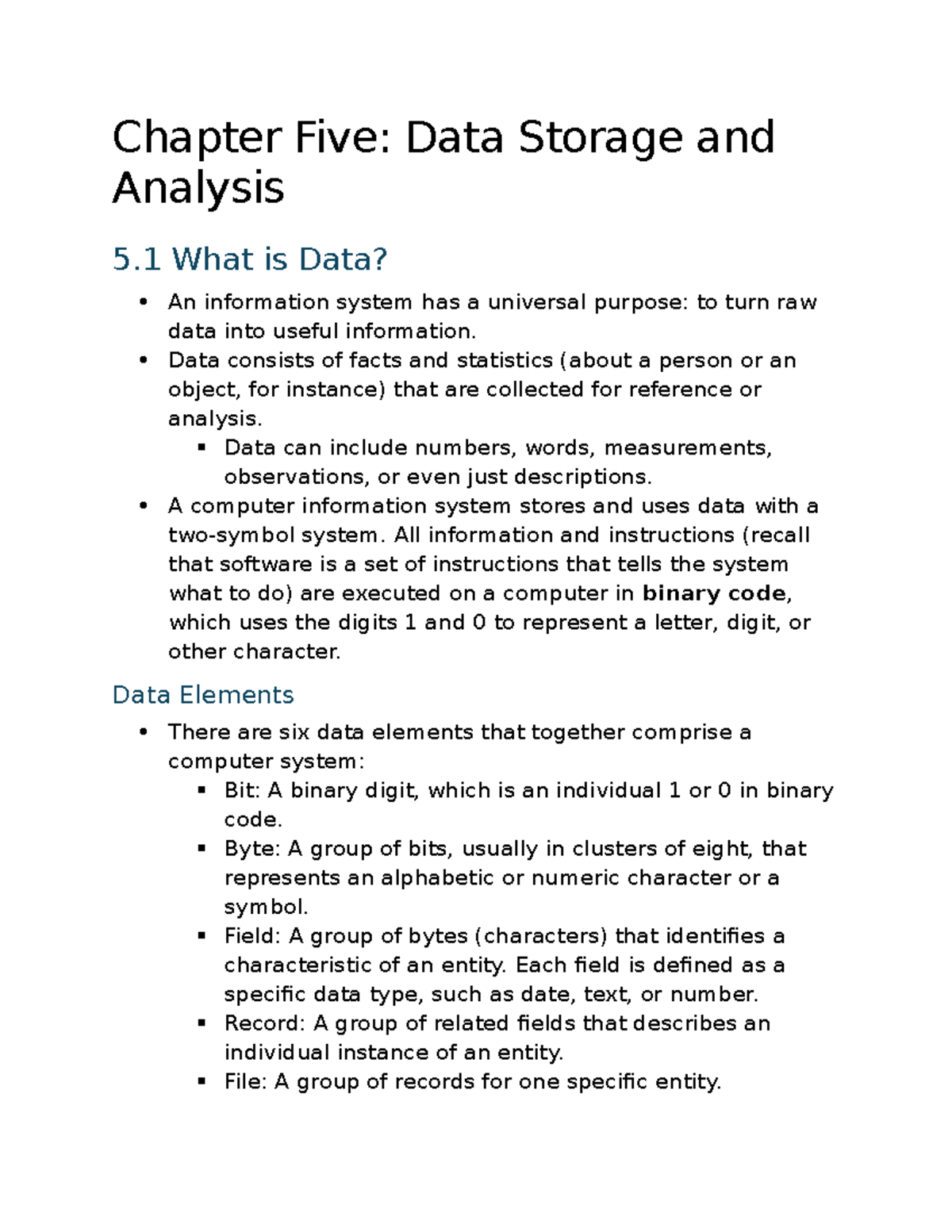 Chapter 5 - Data Storage & Analysis in Information Systems - Studocu