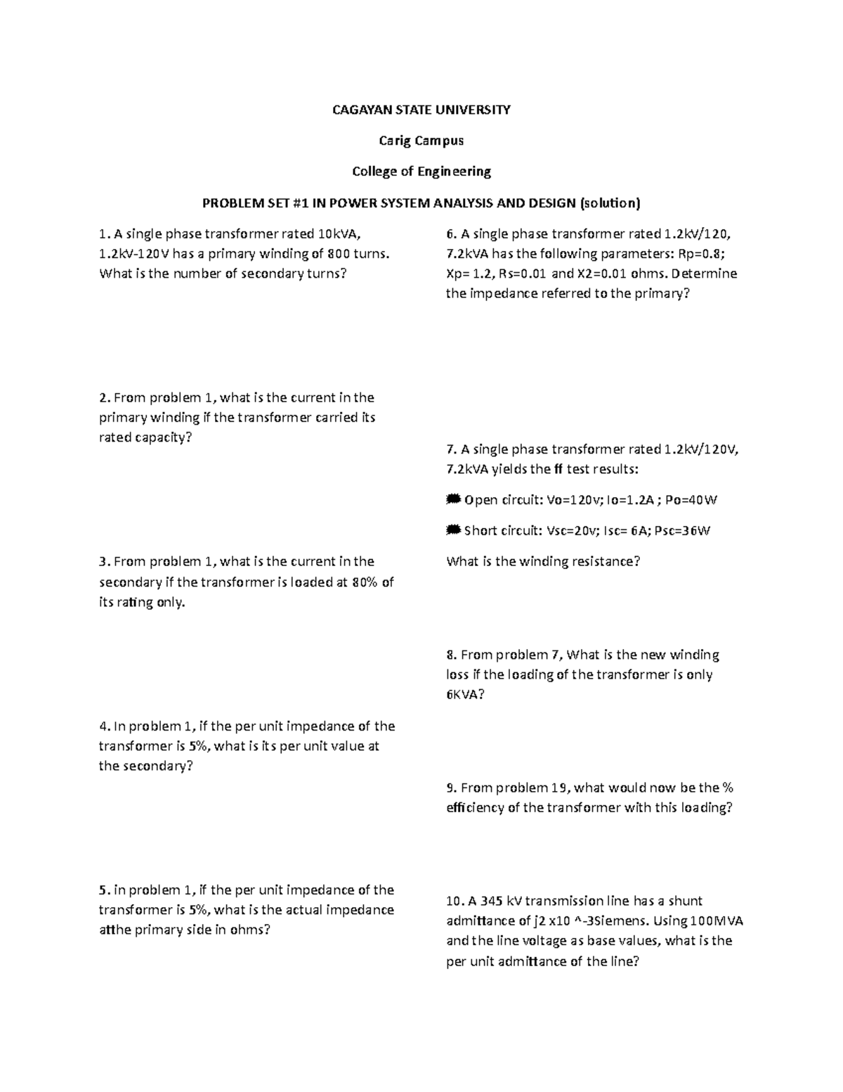 Power System Analysis & Design Problem Set #1 (ENGR 101) Solutions - Studocu