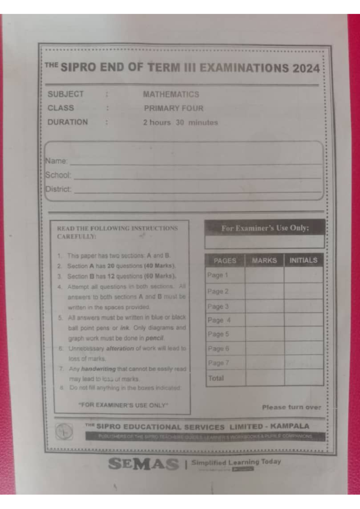 P4 MTC End of Term Mathematics Exam 2024 - Studocu