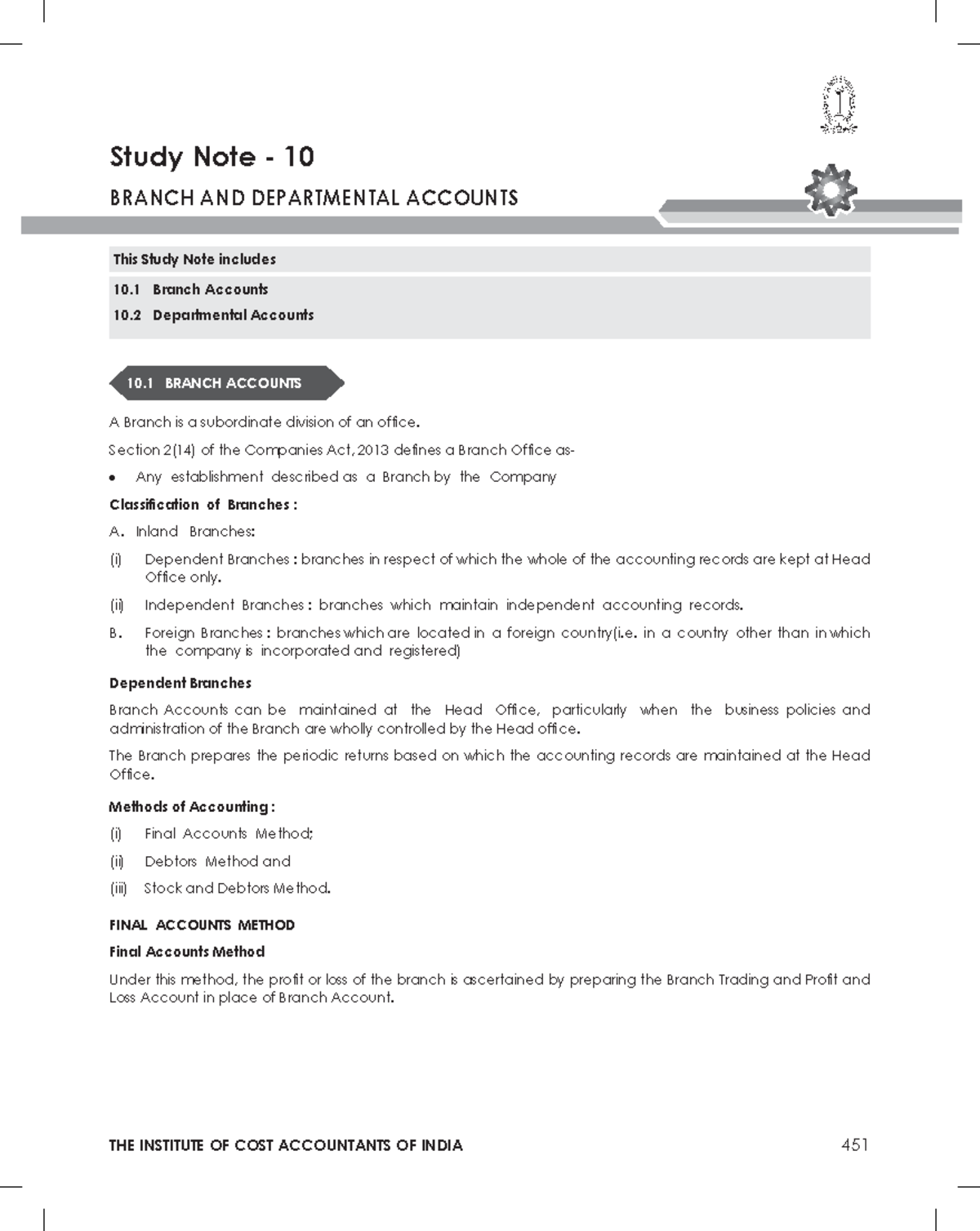 Chapter 10 Paper-5-Sep-2021 - Study Note - 10 BRANCH AND DEPARTMENTAL ...
