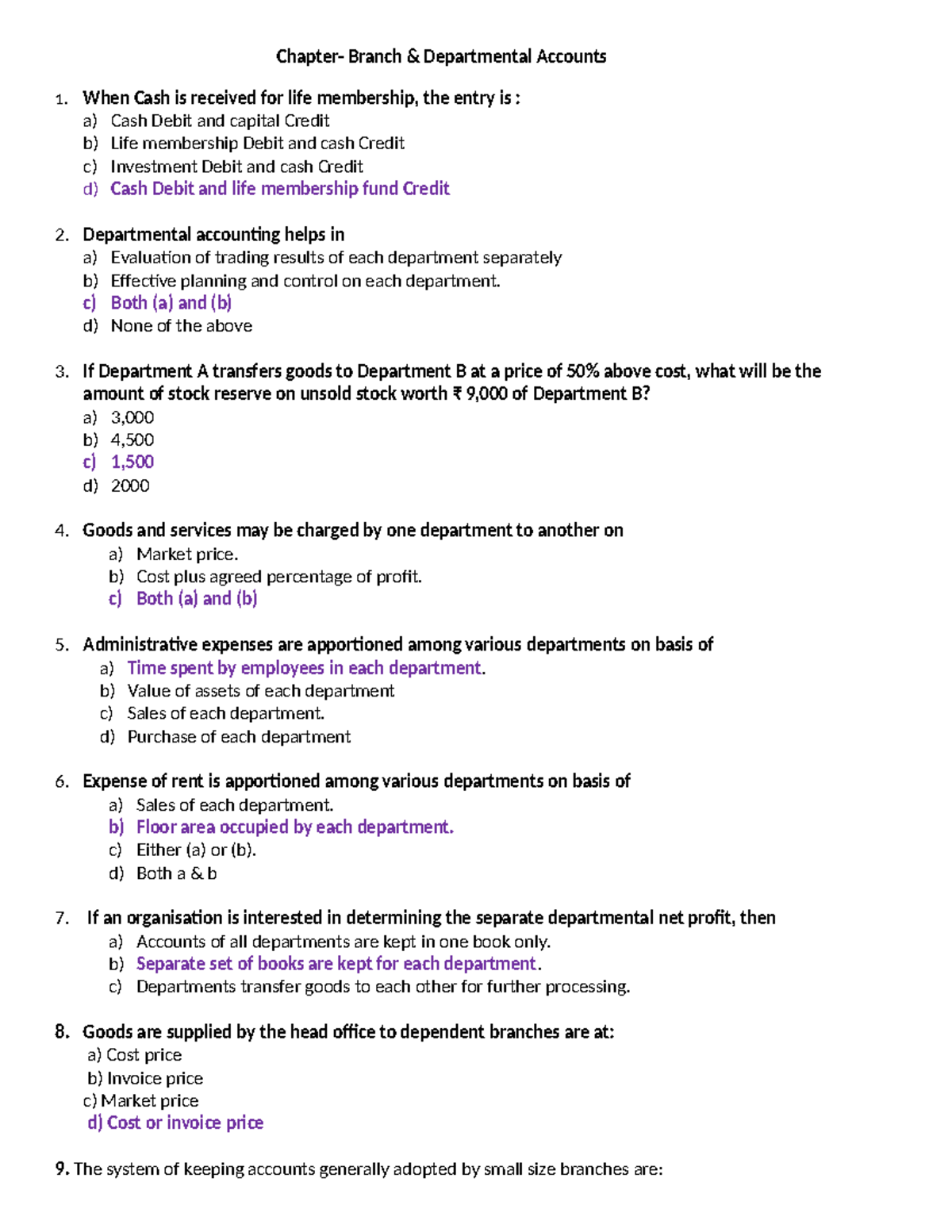 Unit 3 MCQs: Branch & Departmental Accounting Insights - Studocu