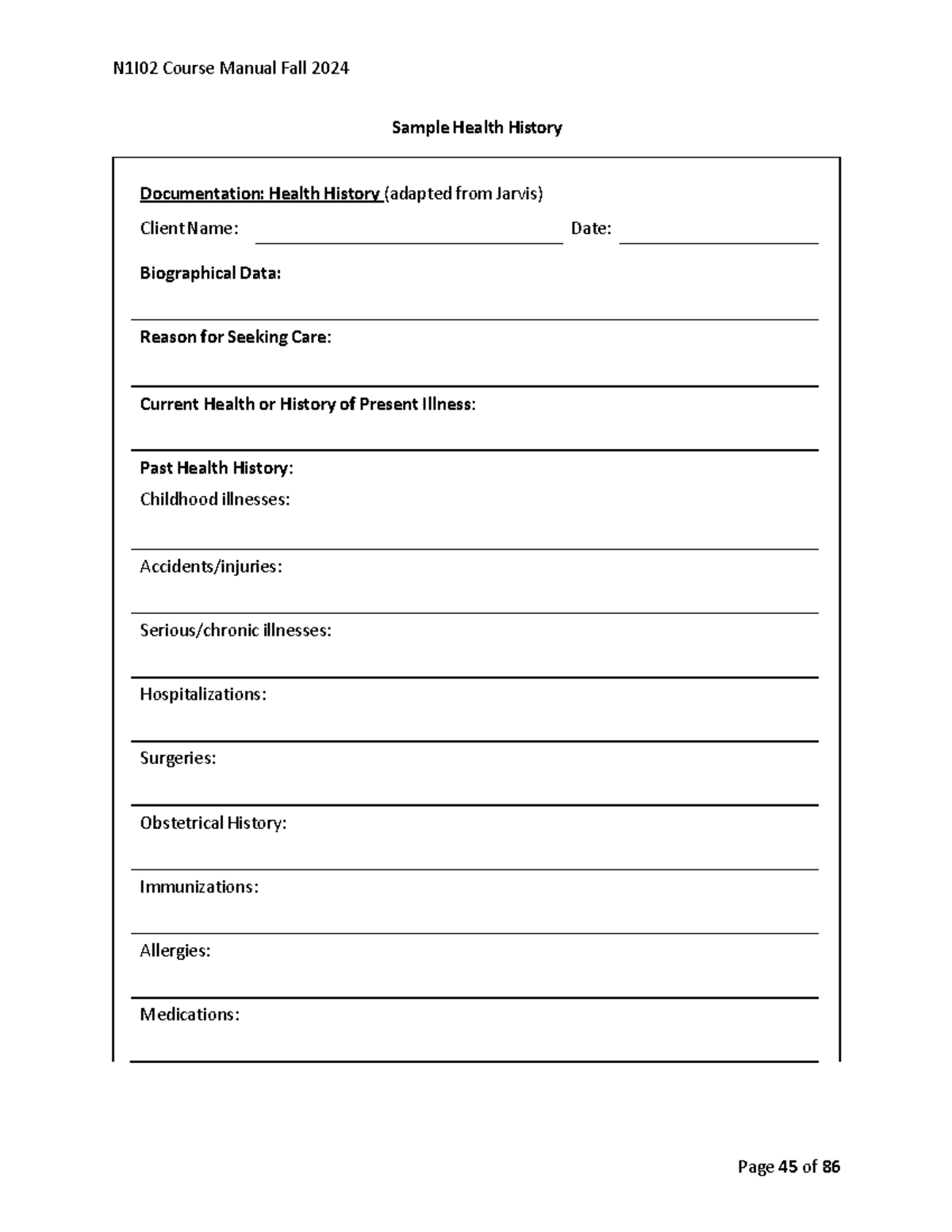 Health History Sample Form - N1I02 - N1I02 Course Manual Fall 2024 Page ...