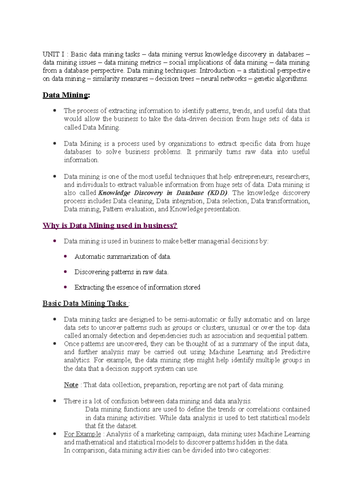 DATA Mining & Data Warehouse - Unit 1 Overview and Techniques - Studocu