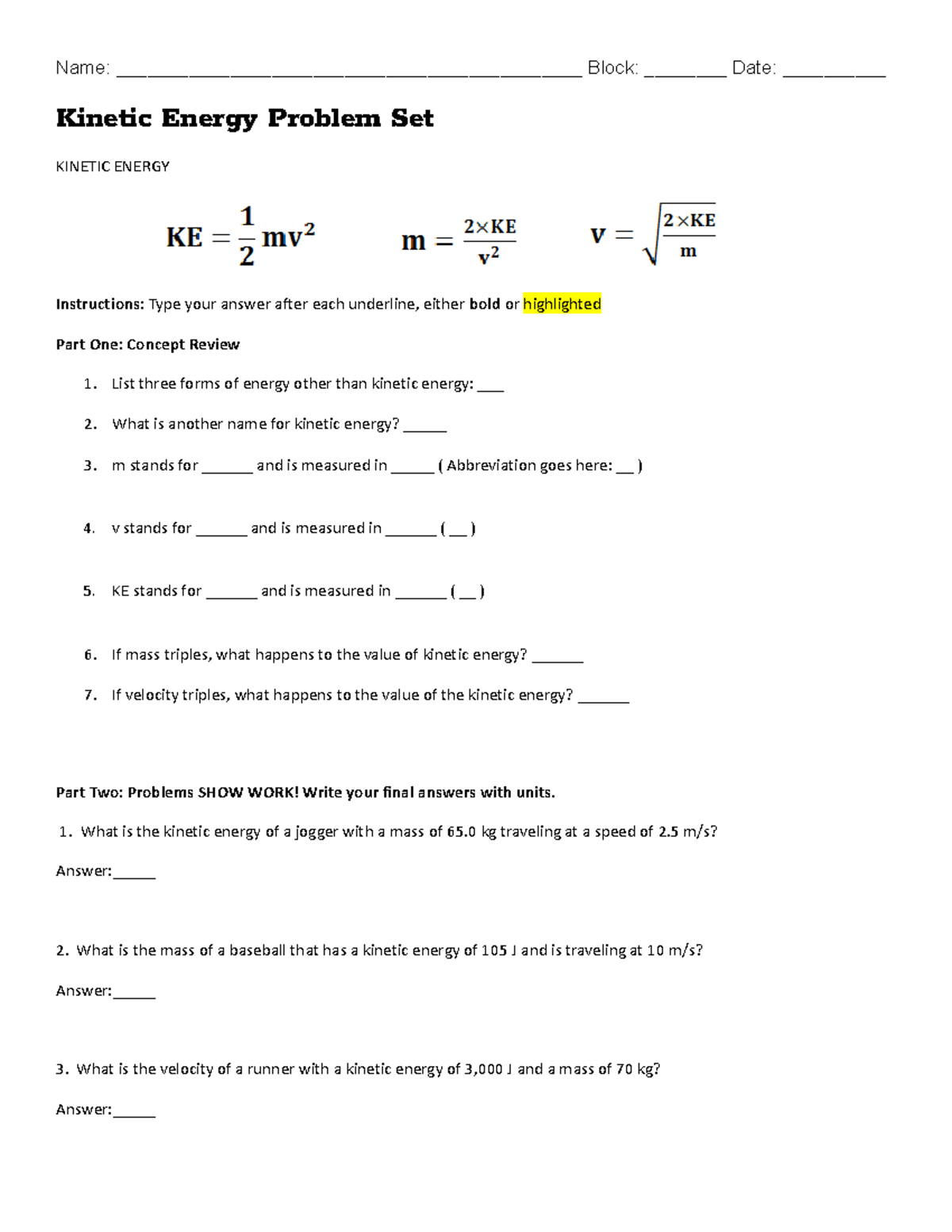 KIN 101: Kinetic Energy Problem Set and Concept Review - Studocu